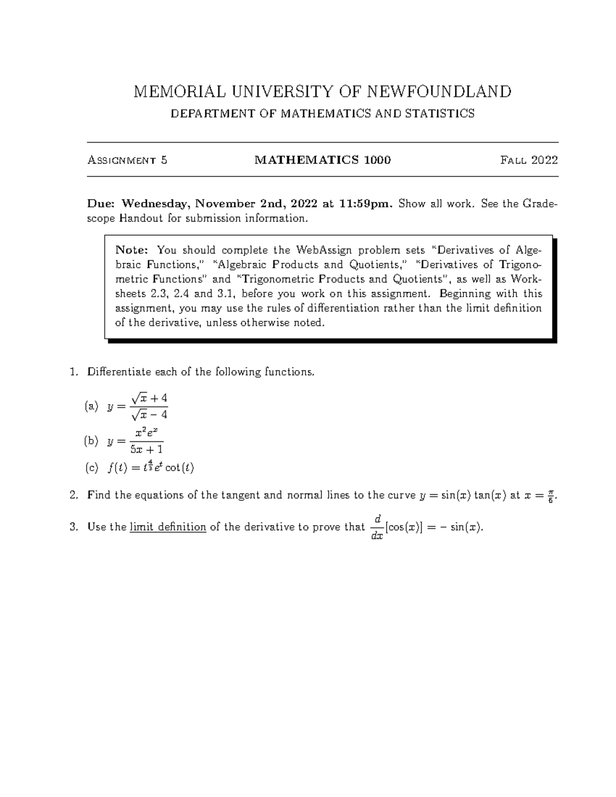 Assgn 5 Assignment 5 Memorial University Of Newfoundland Department Of Mathematics And 