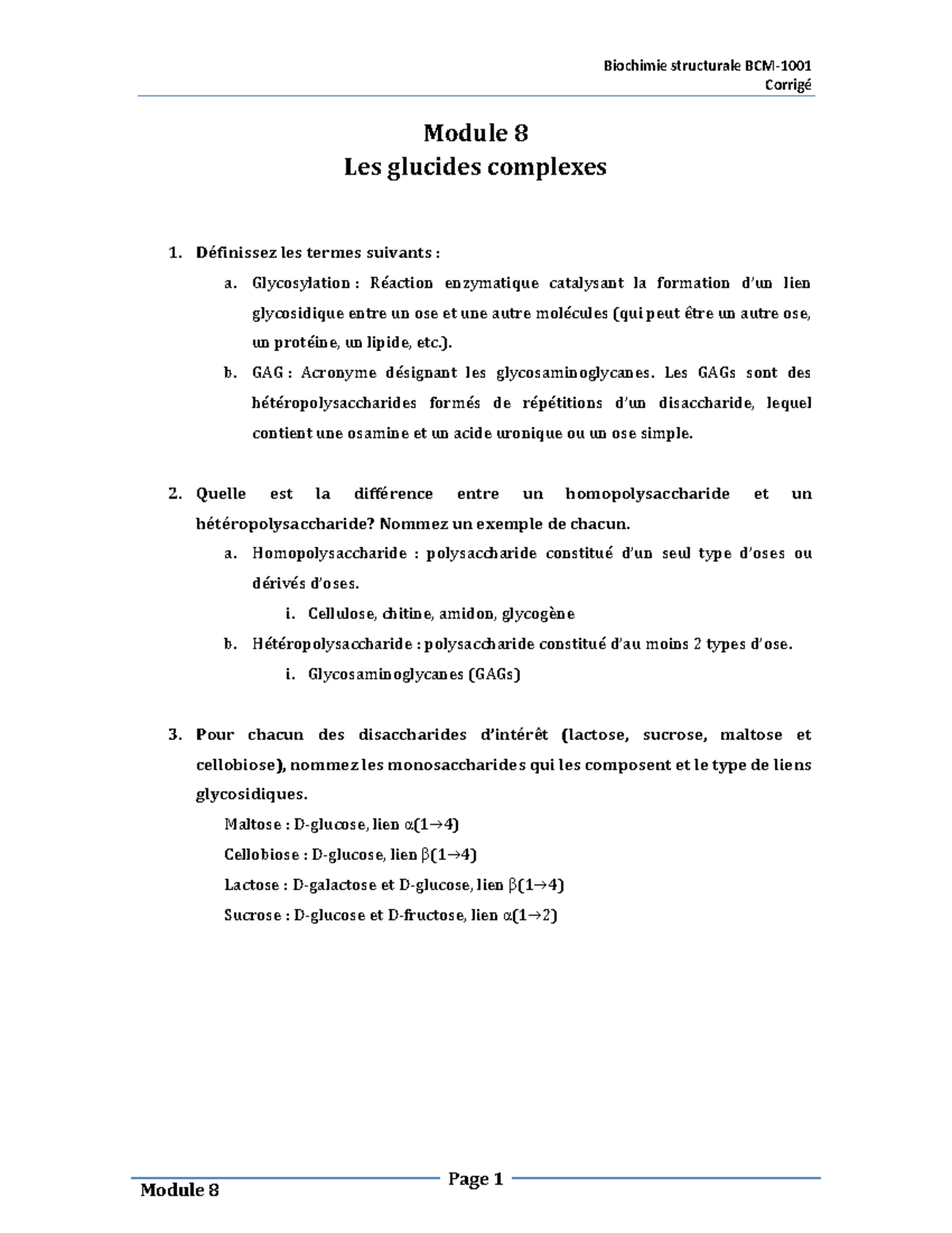 Corrigé module 8 2023 - Corrigé Page 1 Module 8 Les glucides complexes Définissez les termes ...