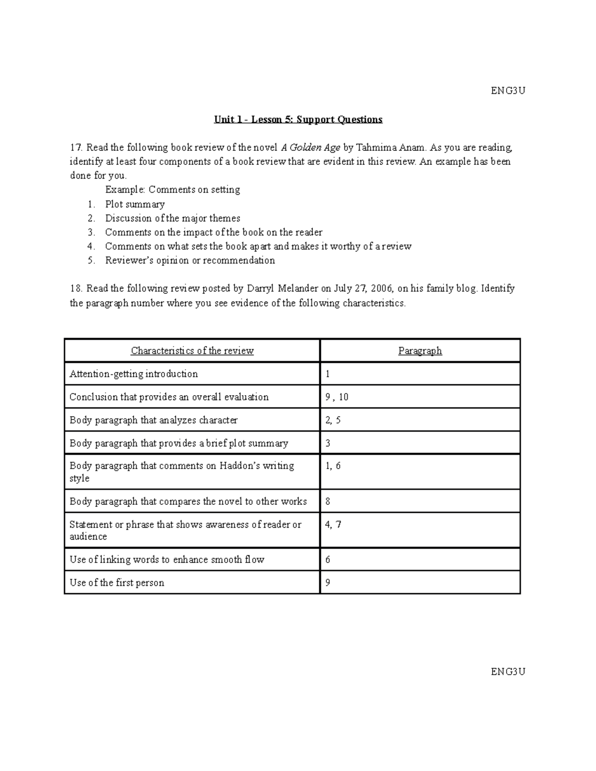 Lesson 5 - ENG3U - ENG3U Unit 1 - Lesson 5: Support Questions Read the ...