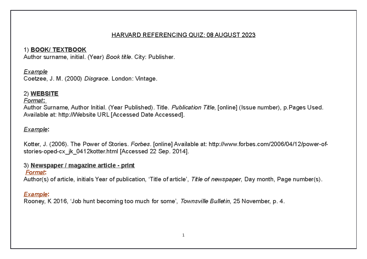 Harvard REF BIB 230807 111205 - HARVARD REFERENCING QUIZ: 08 AUGUST ...