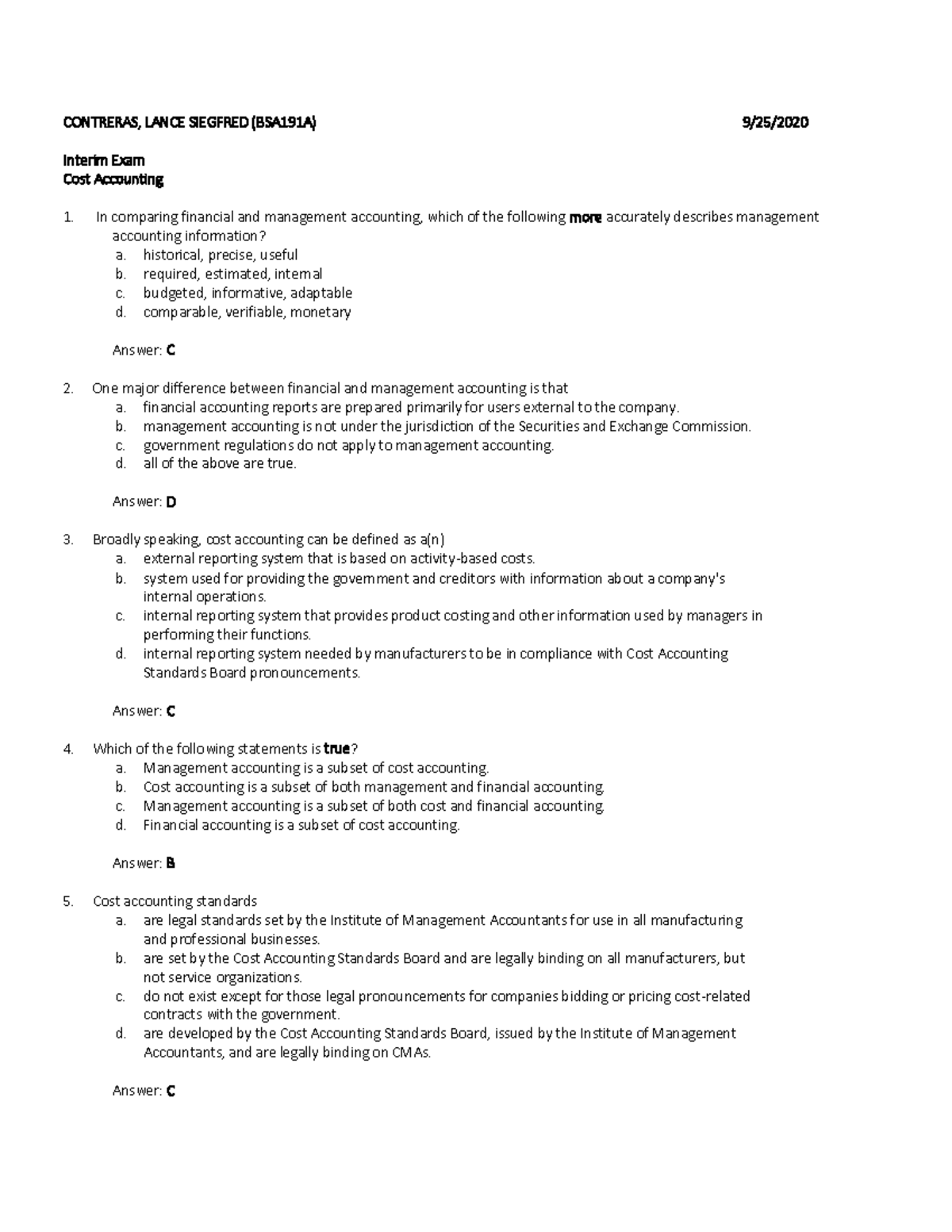 Contreras Interim EXAM BSA191A Finale - CONTRERAS, LANCE SI EGFRED ...