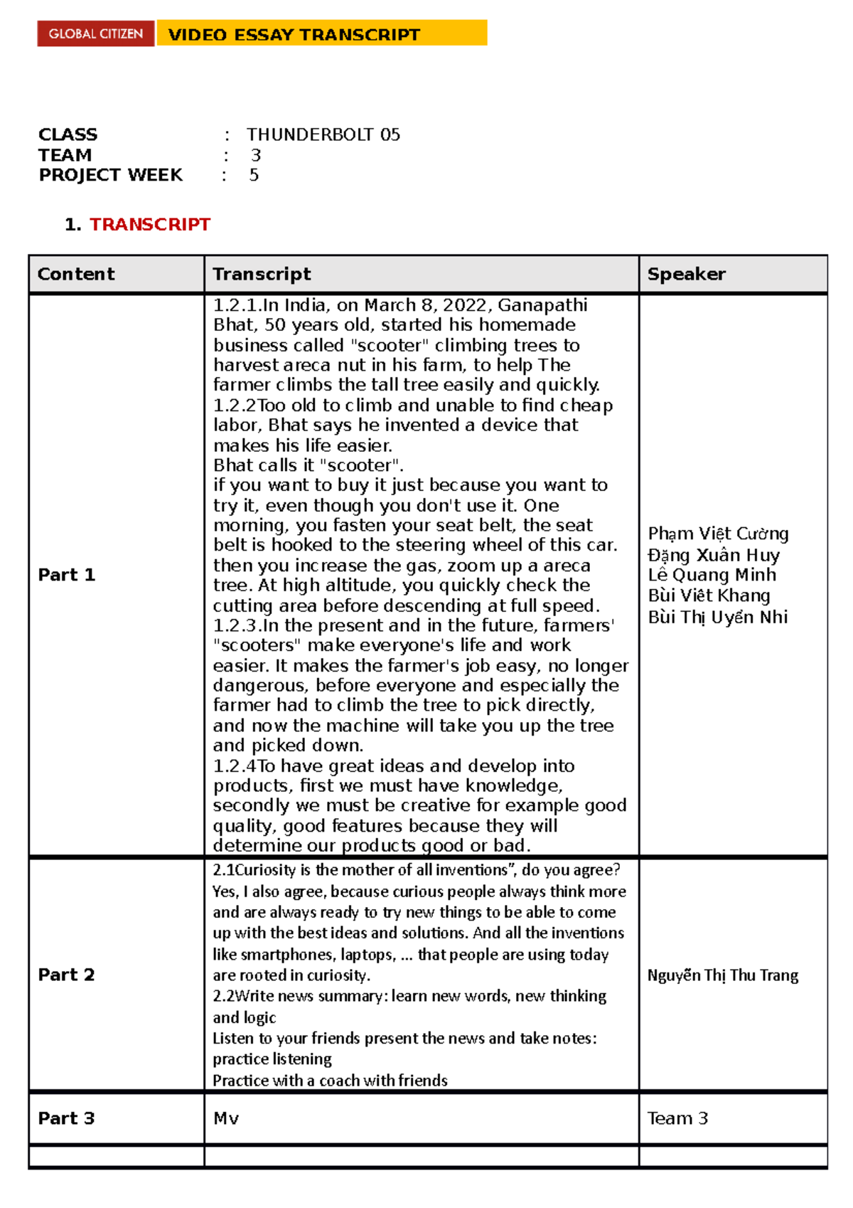 [Class] - [Team] Transcript - CLASS : THUNDERBOLT 05 TEAM : 3 PROJECT WEEK : 5 1. TRANSCRIPT ...