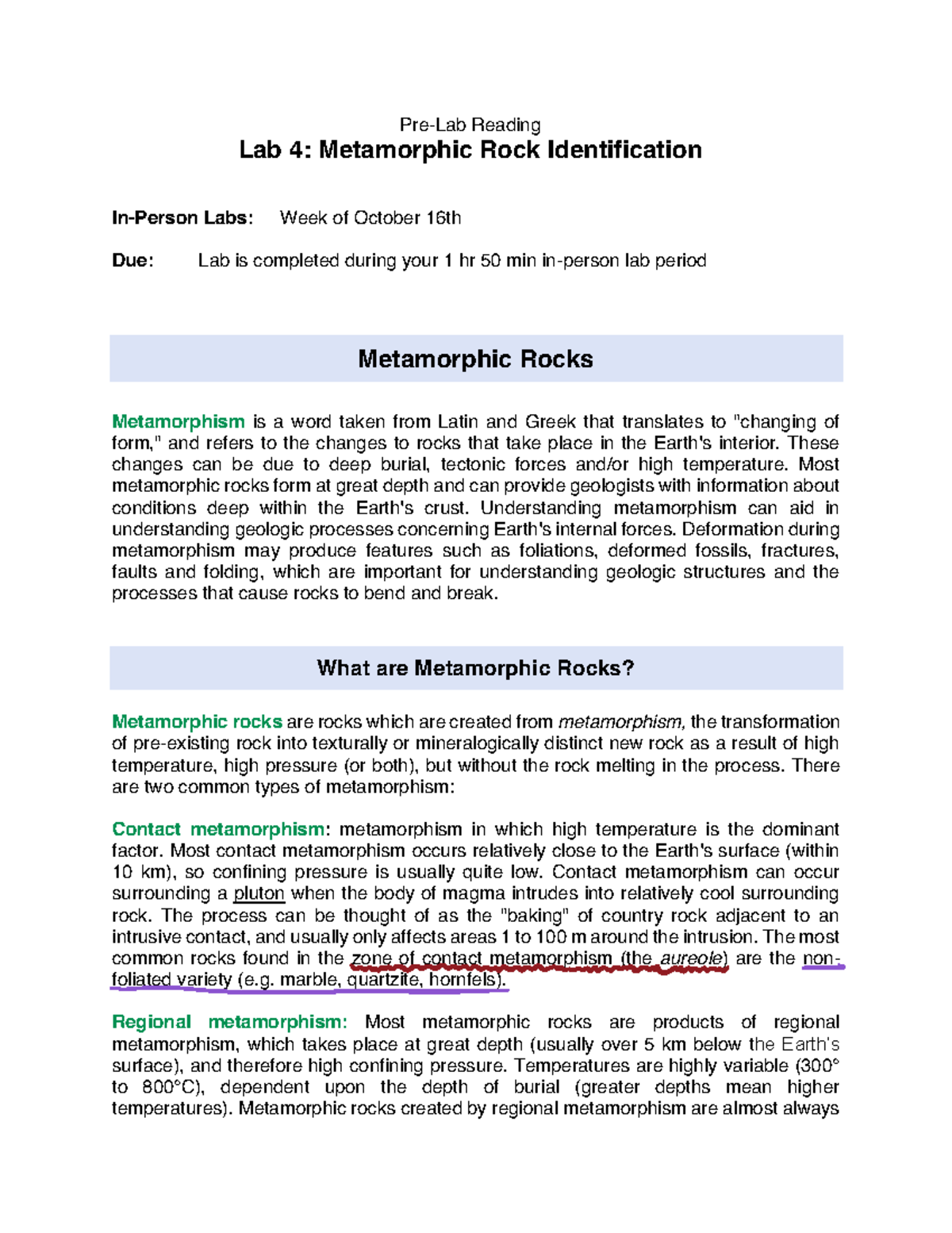 Lab 4 Metamorphic Rocks 1 - Pre-Lab Reading Lab 4 : Metamorphic Rock ...