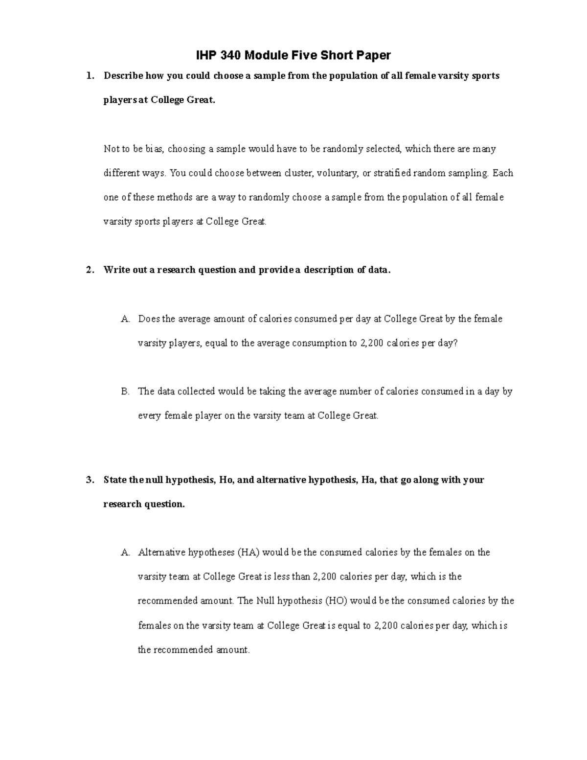 IHP 340 - Module 5 Short Paper - Describe how you could choose a sample ...