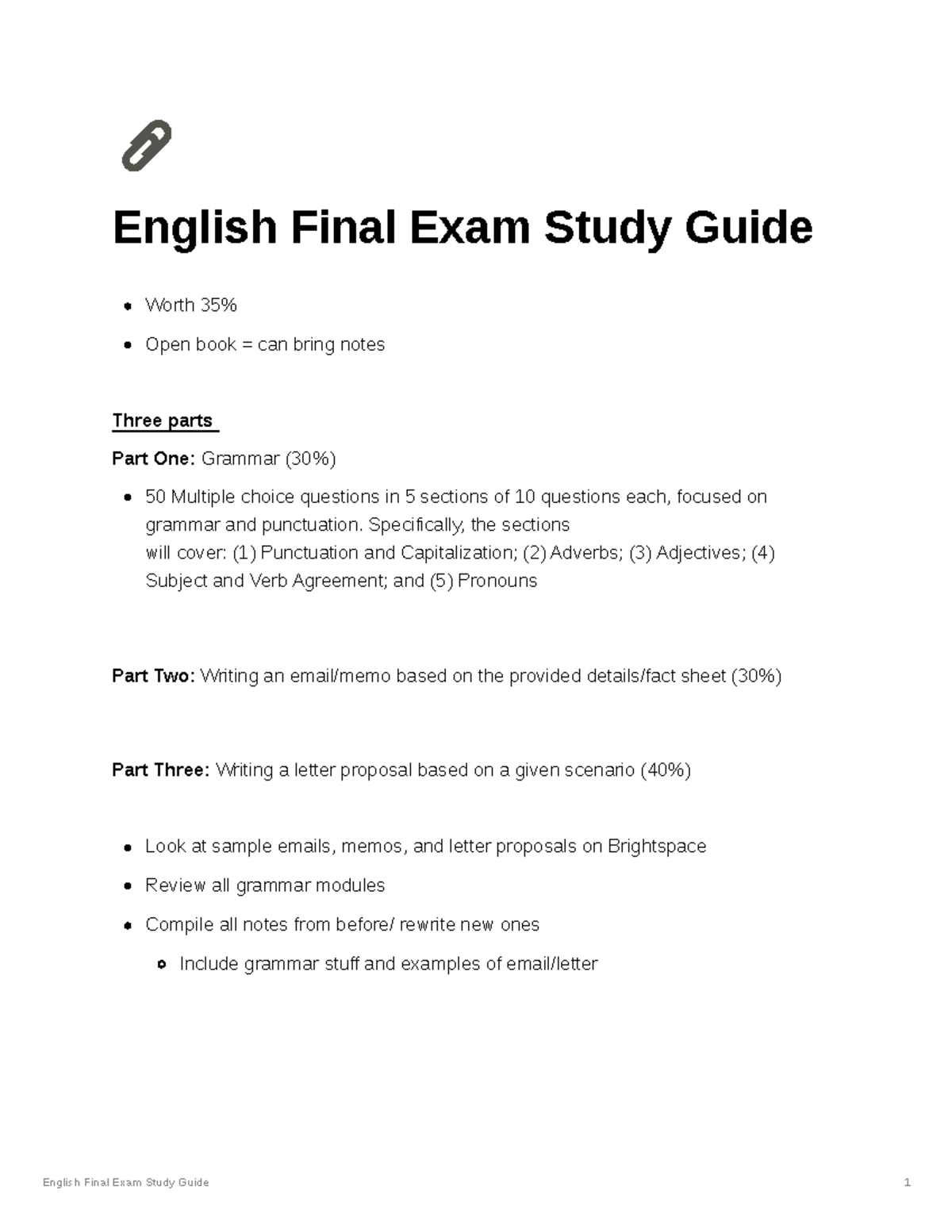 English Exam study guide - English Final Exam Study Guide 1 English ...