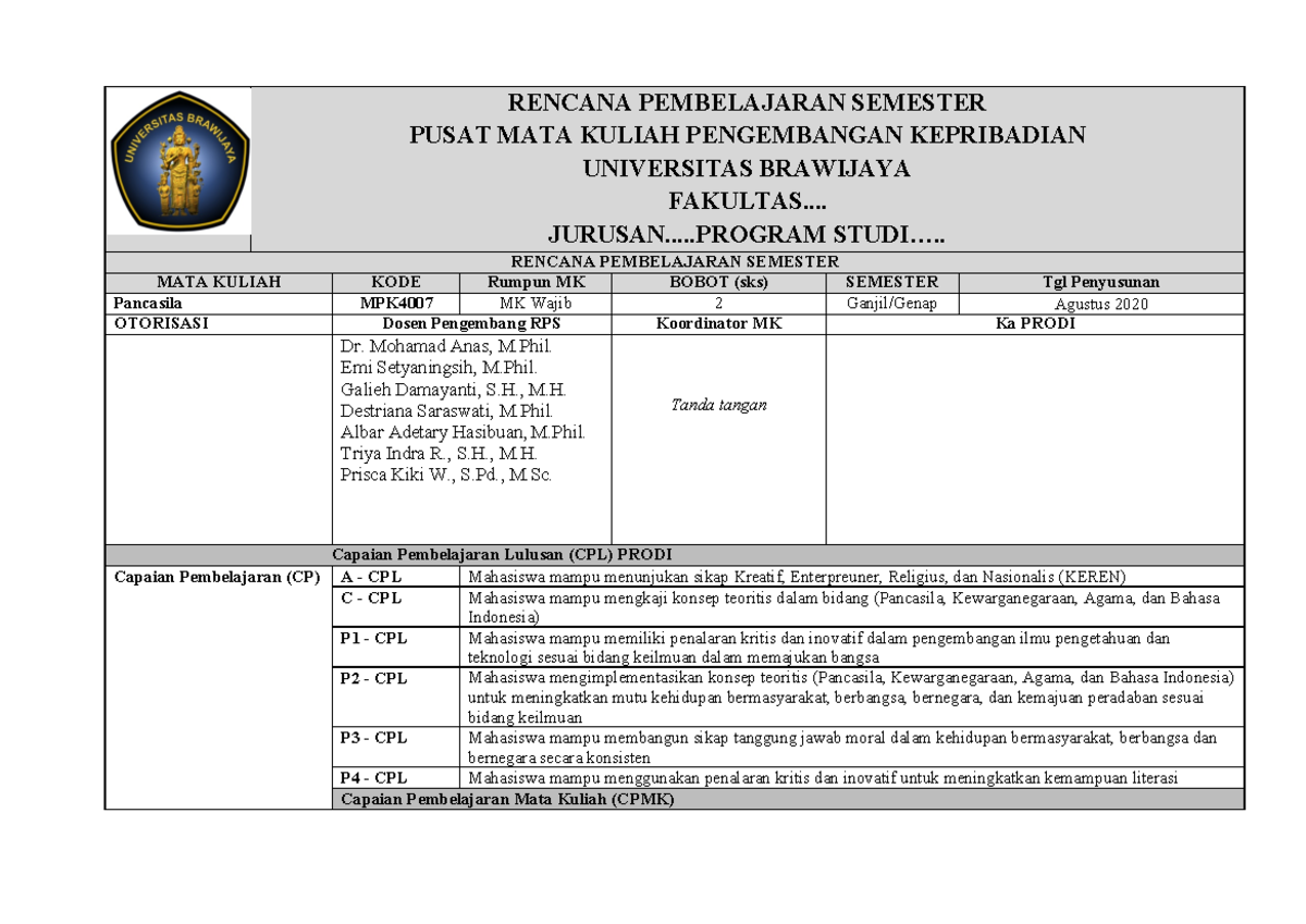 RPS OBE Daring Pancasila (Agst 2020) - RENCANA PEMBELAJARAN SEMESTER ...