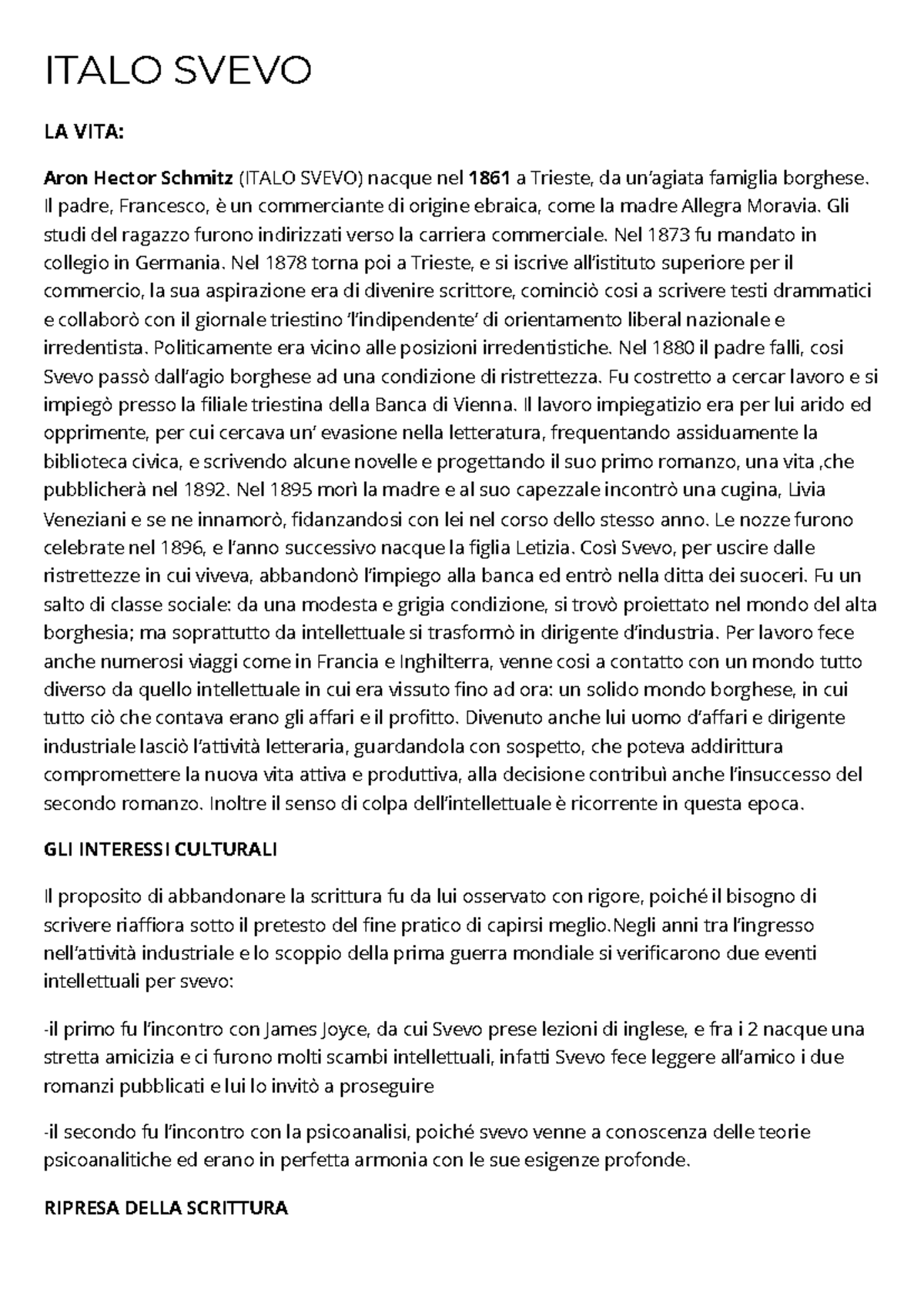 Italo Svevo - ITALO SVEVO LA VITA: Aron Hector Schmitz (ITALO SVEVO) nacque nel 1861 a Trieste ...