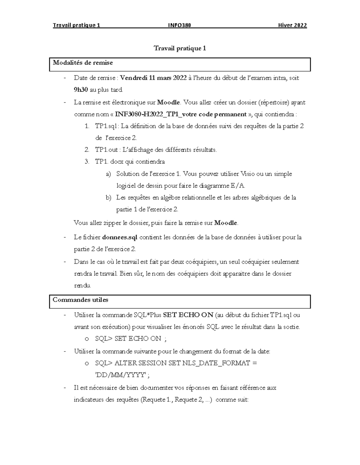 TP1 INFO380 Hiver 2022 - Travail pratique 1 Modalités de remise Date de ...