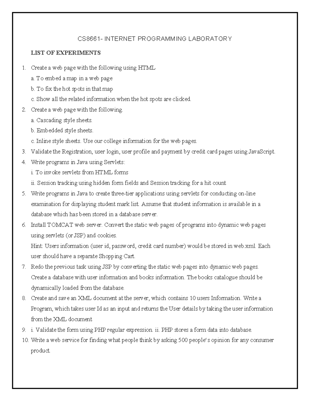 Internet Programming Laboratory Cs8661 Internet Programming Laboratory List Of Experiments 