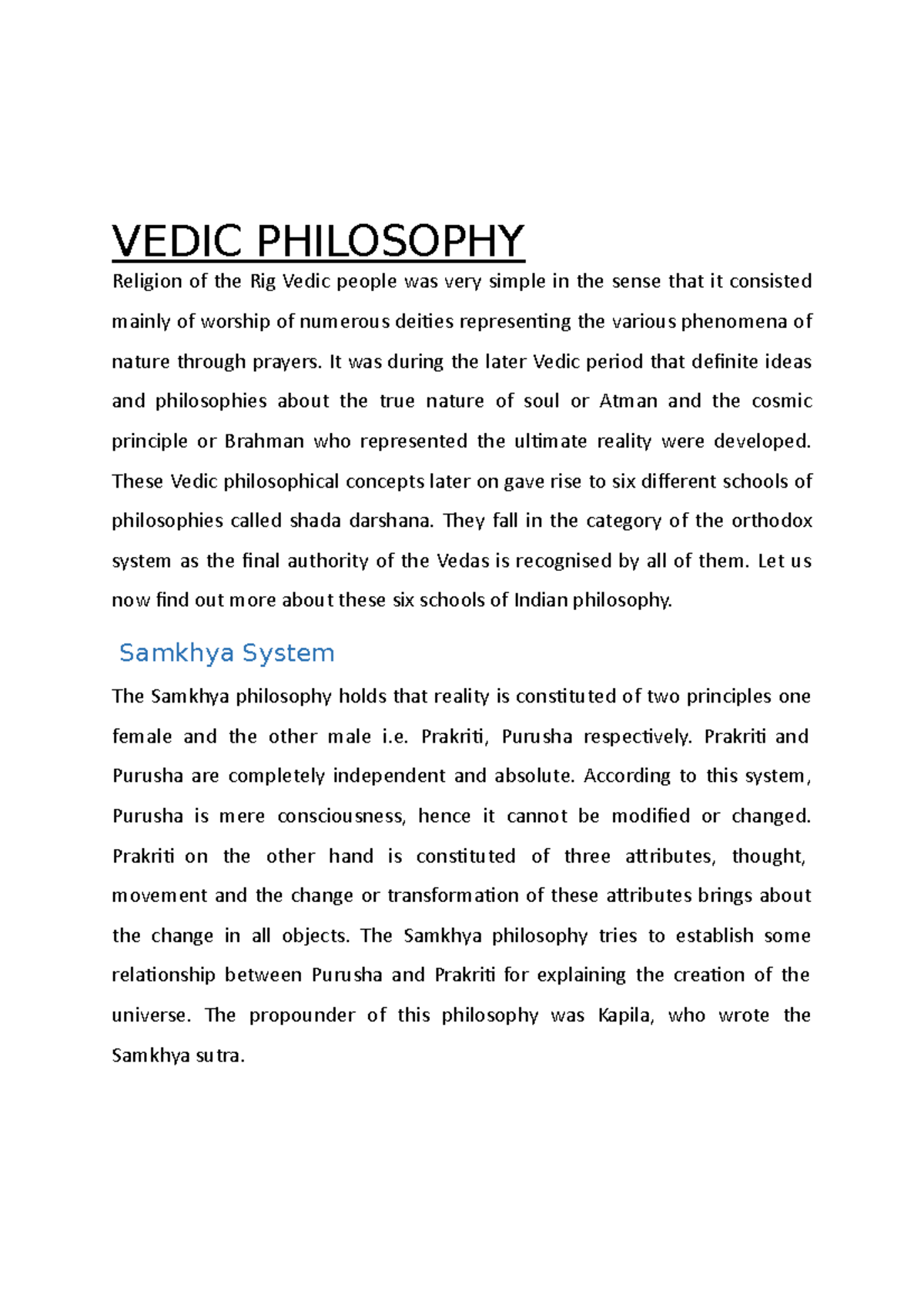 Vedic Philosophy - VEDIC PHILOSOPHY Religion of the Rig Vedic people ...