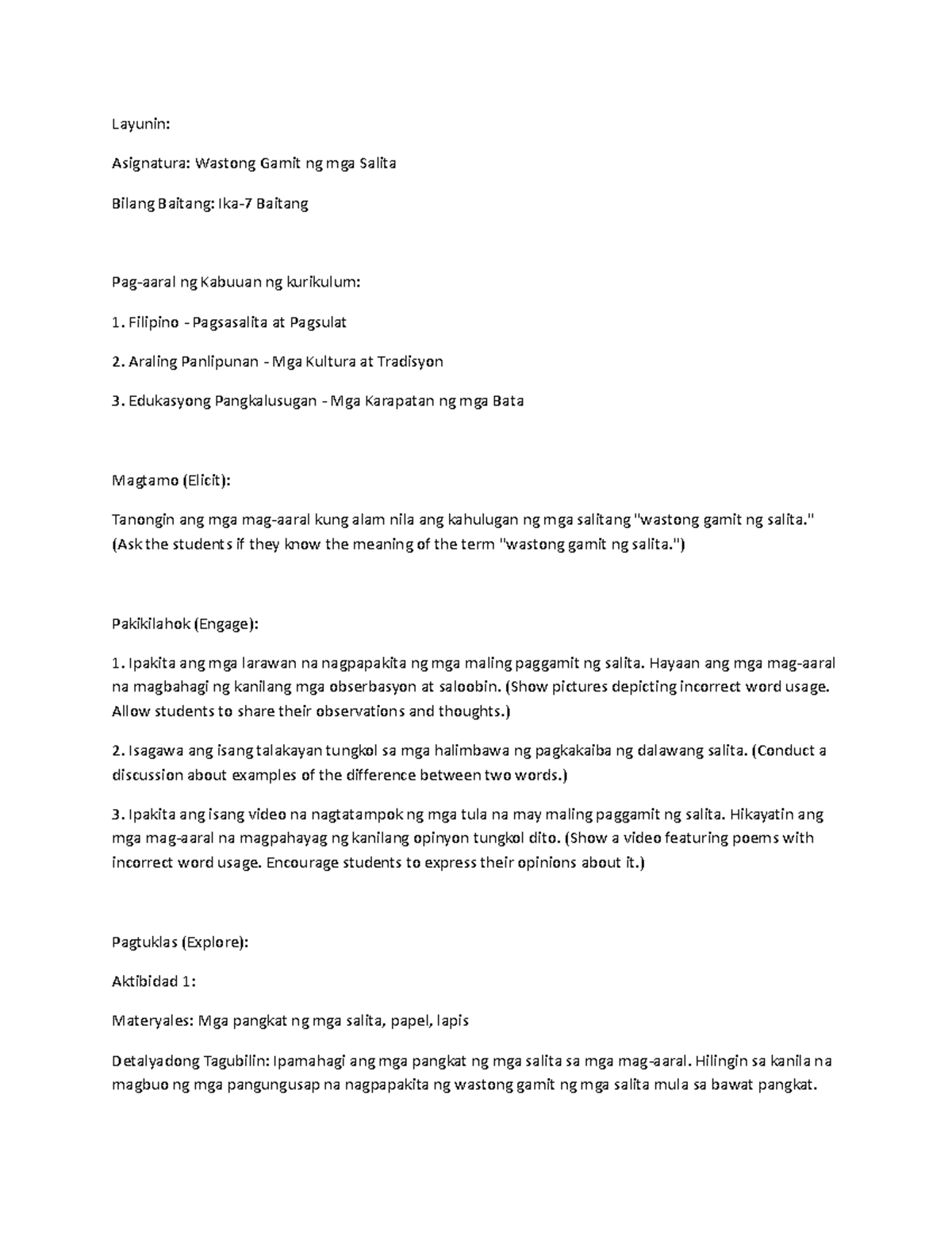 Lesson Plan - Filipino - Layunin: Asignatura: Wastong Gamit ng mga ...