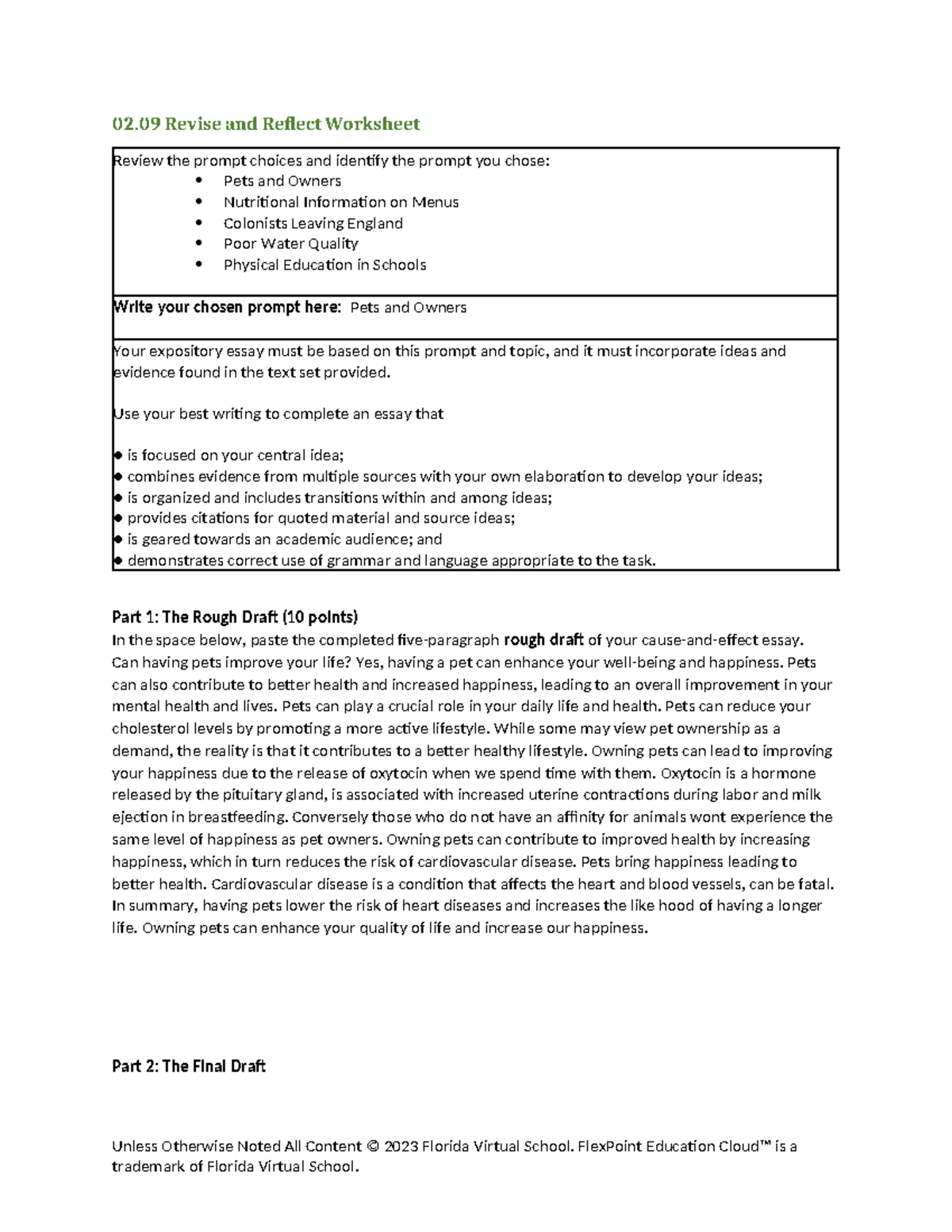 2.09 Essay - 02 Revise and Reflect Worksheet Review the prompt choices ...
