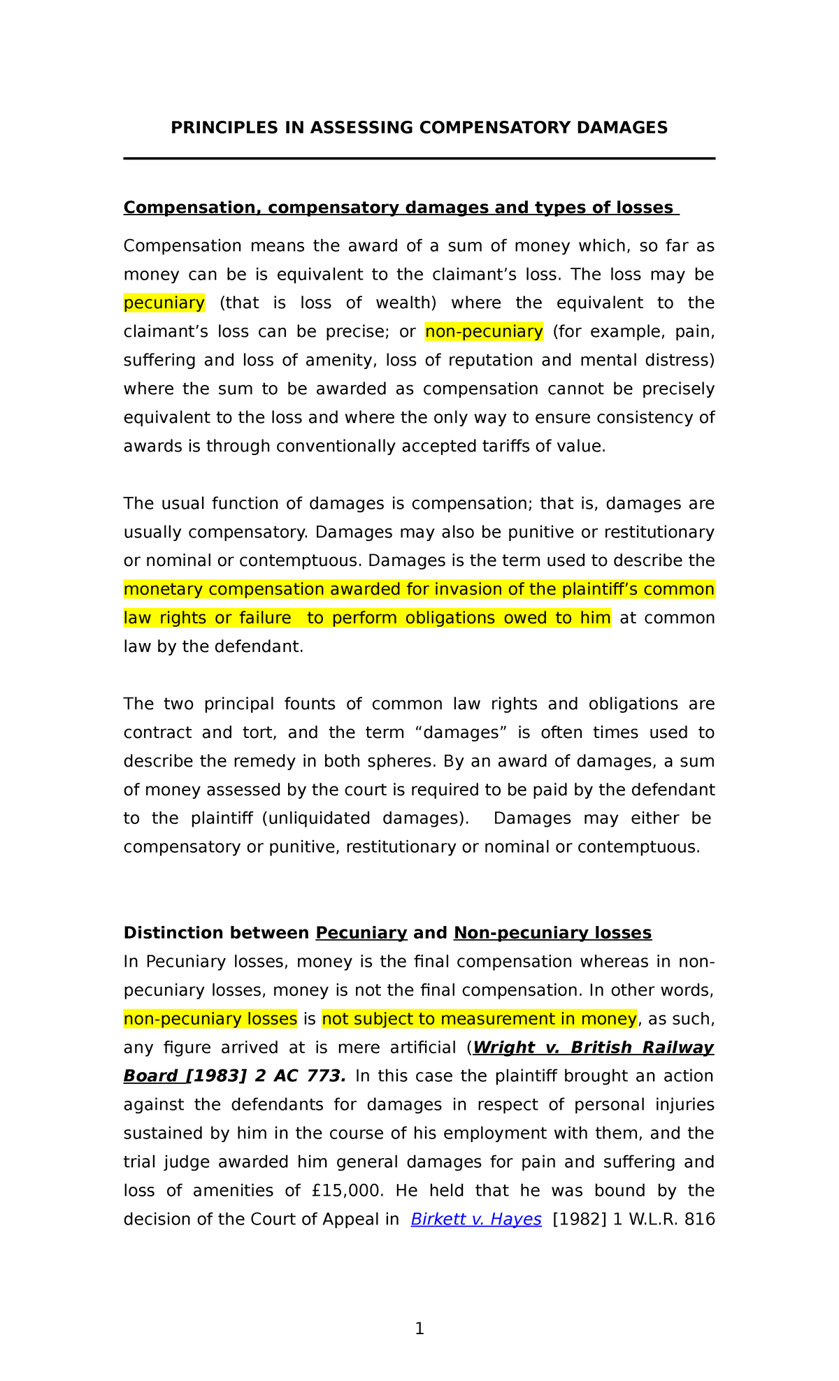 Compensatory Damages - PRINCIPLES IN ASSESSING COMPENSATORY DAMAGES ...