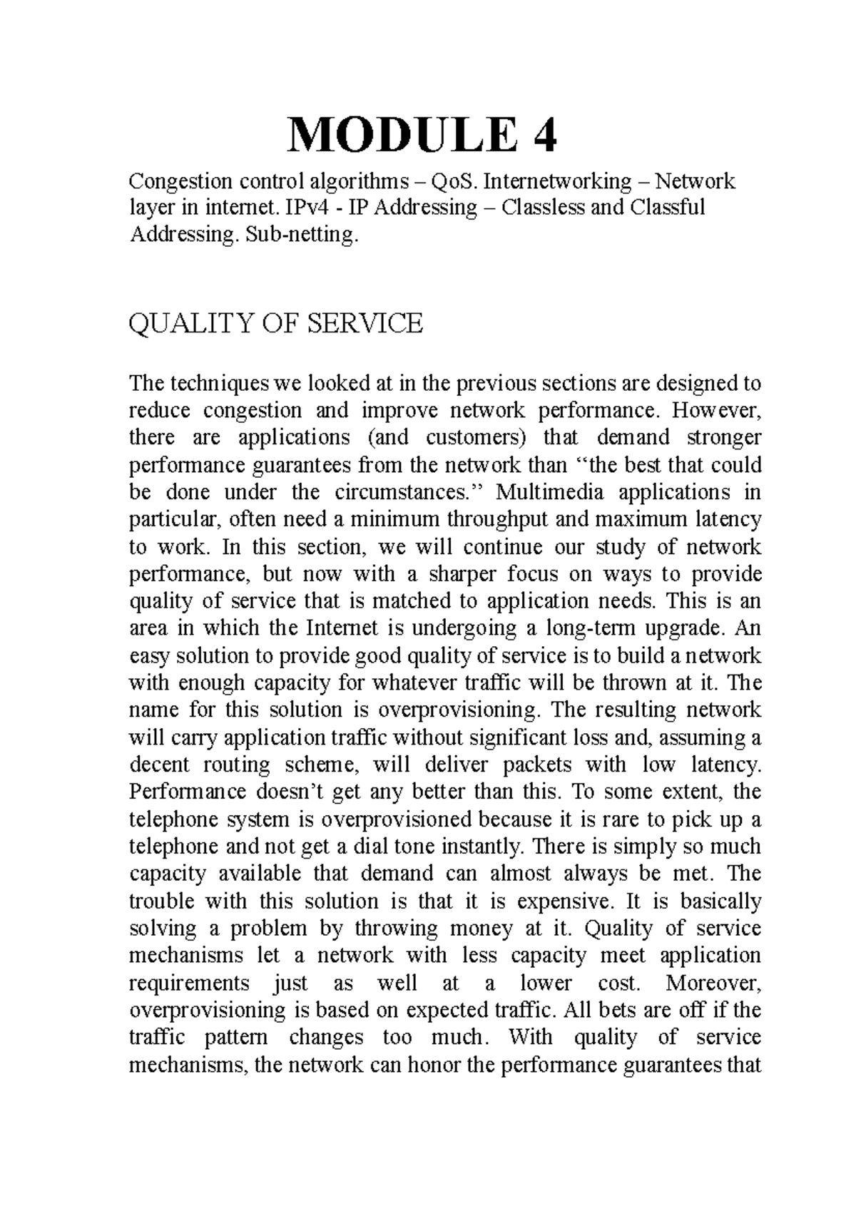Computer Network Module 4 Module 4 Congestion Control Algorithms Qos Internetworking