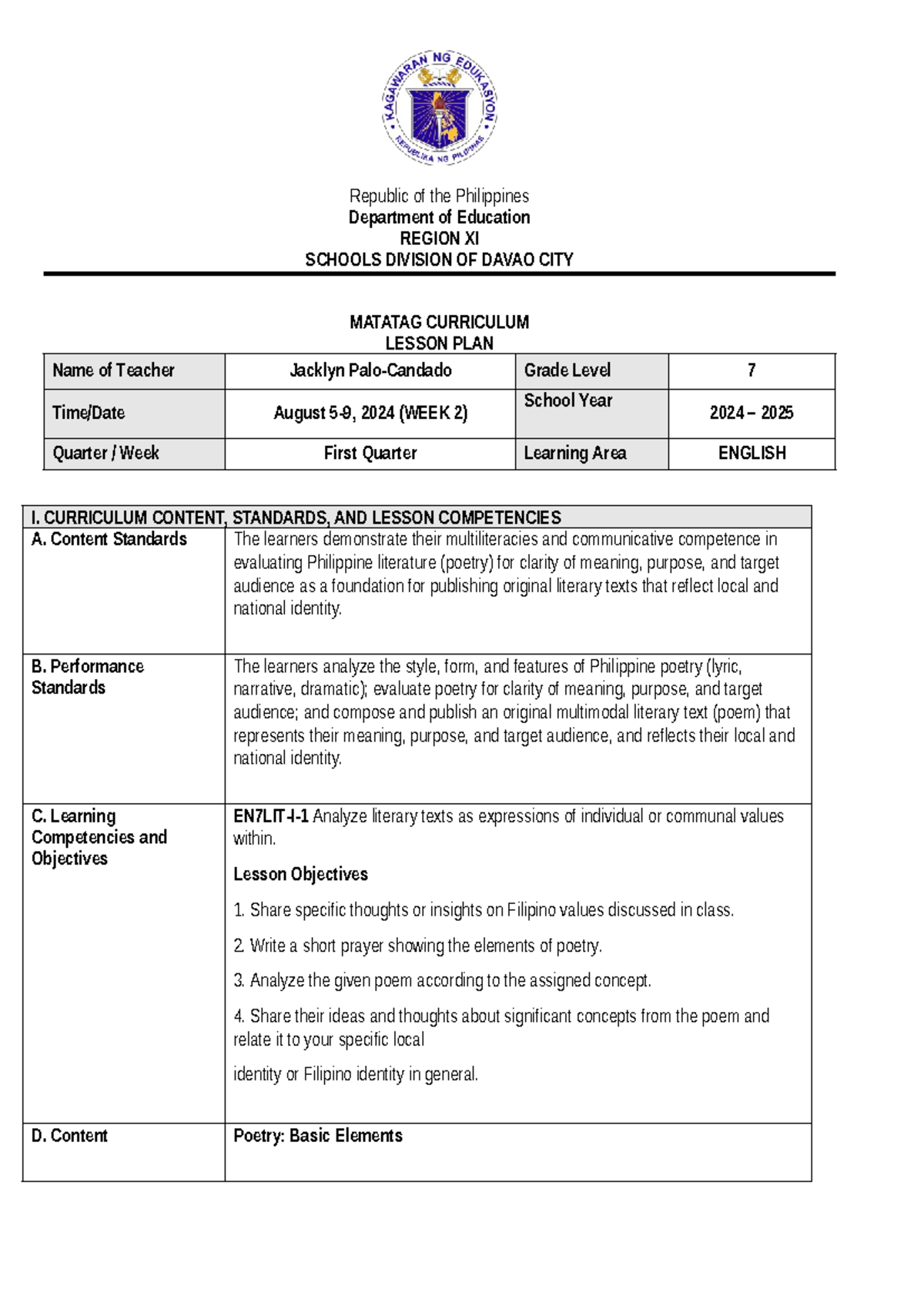 Lesson Plan Q1W1 - Republic of the Philippines Department of Education ...