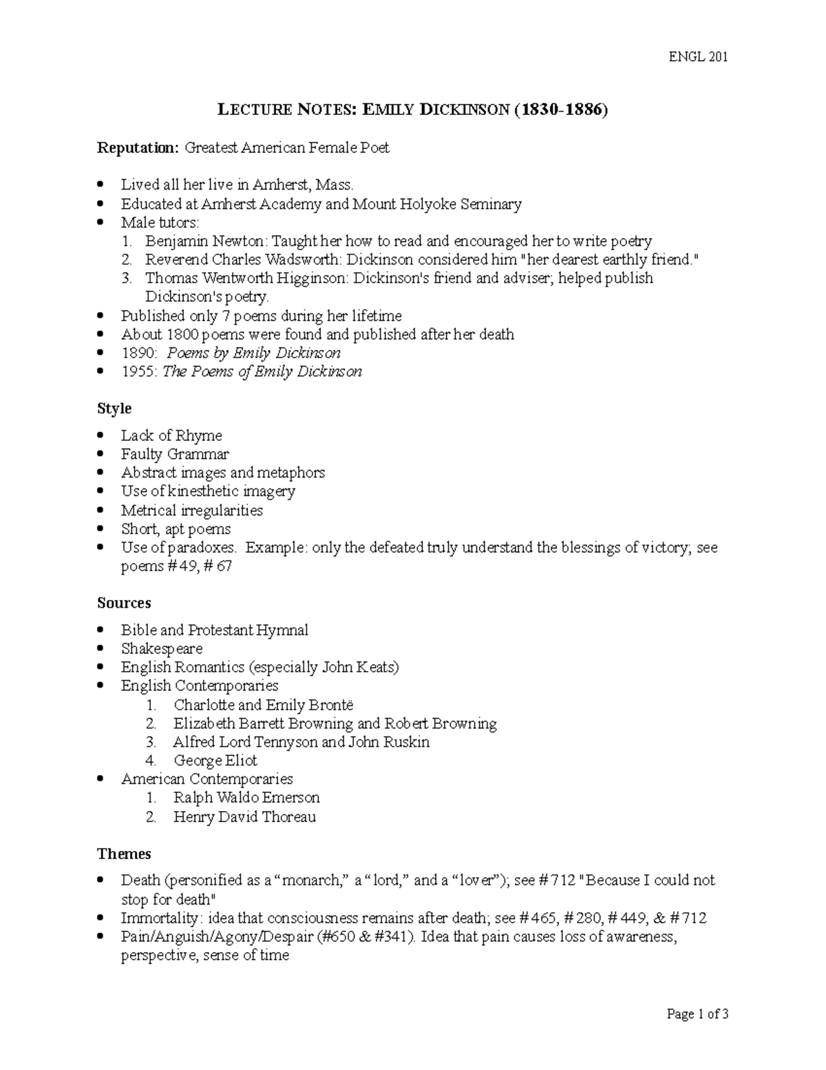 Lecture Notes Emily Dickinson - ENGL 201 LECTURE NOTES: EMILY DICKINSON ...