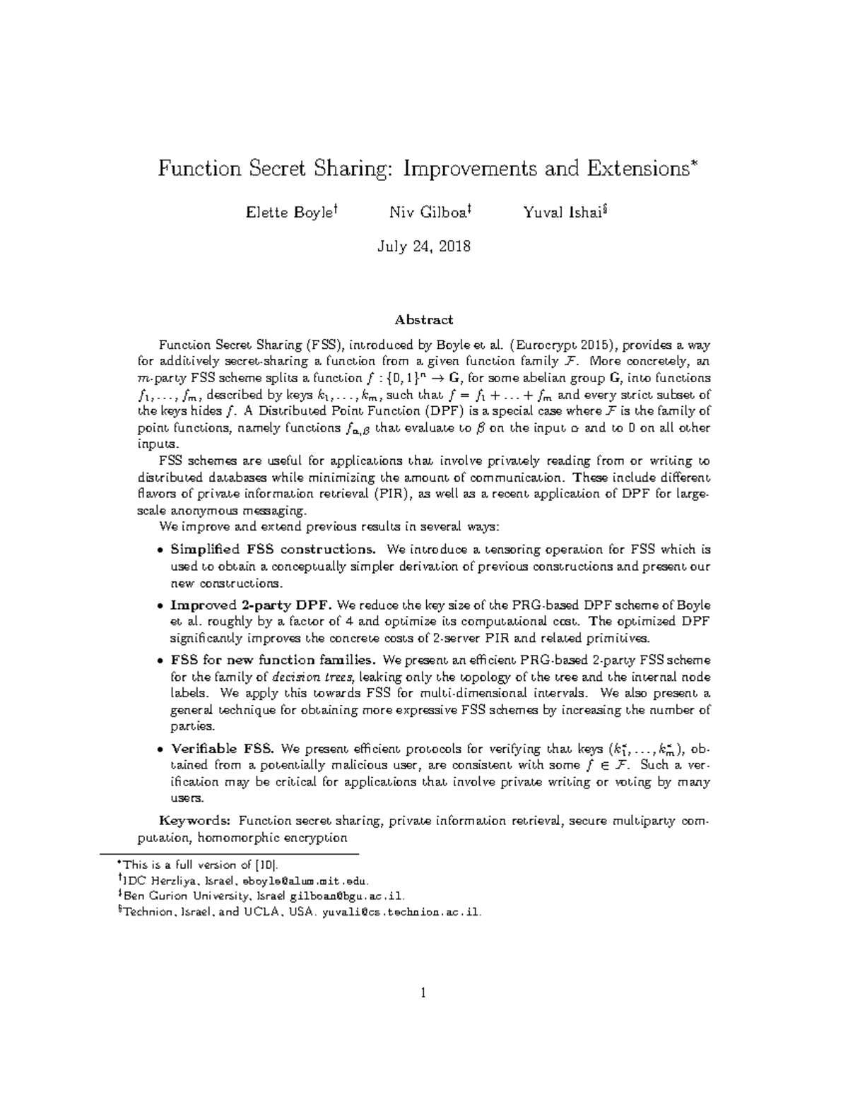 FSS-2018 - Function Secret Sharing: Improvements and Extensions ∗ Elette Boyle† Niv Gilboa ...