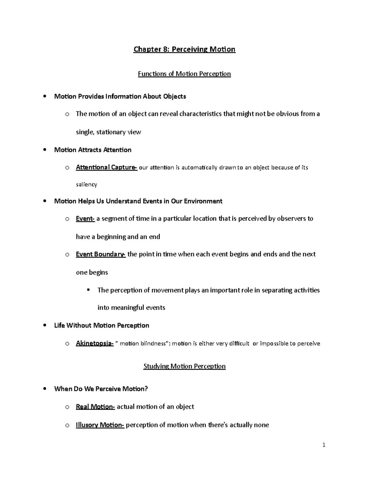 Ch. 8 Notes - Chapter 8: Perceiving Motion Functions of Motion ...