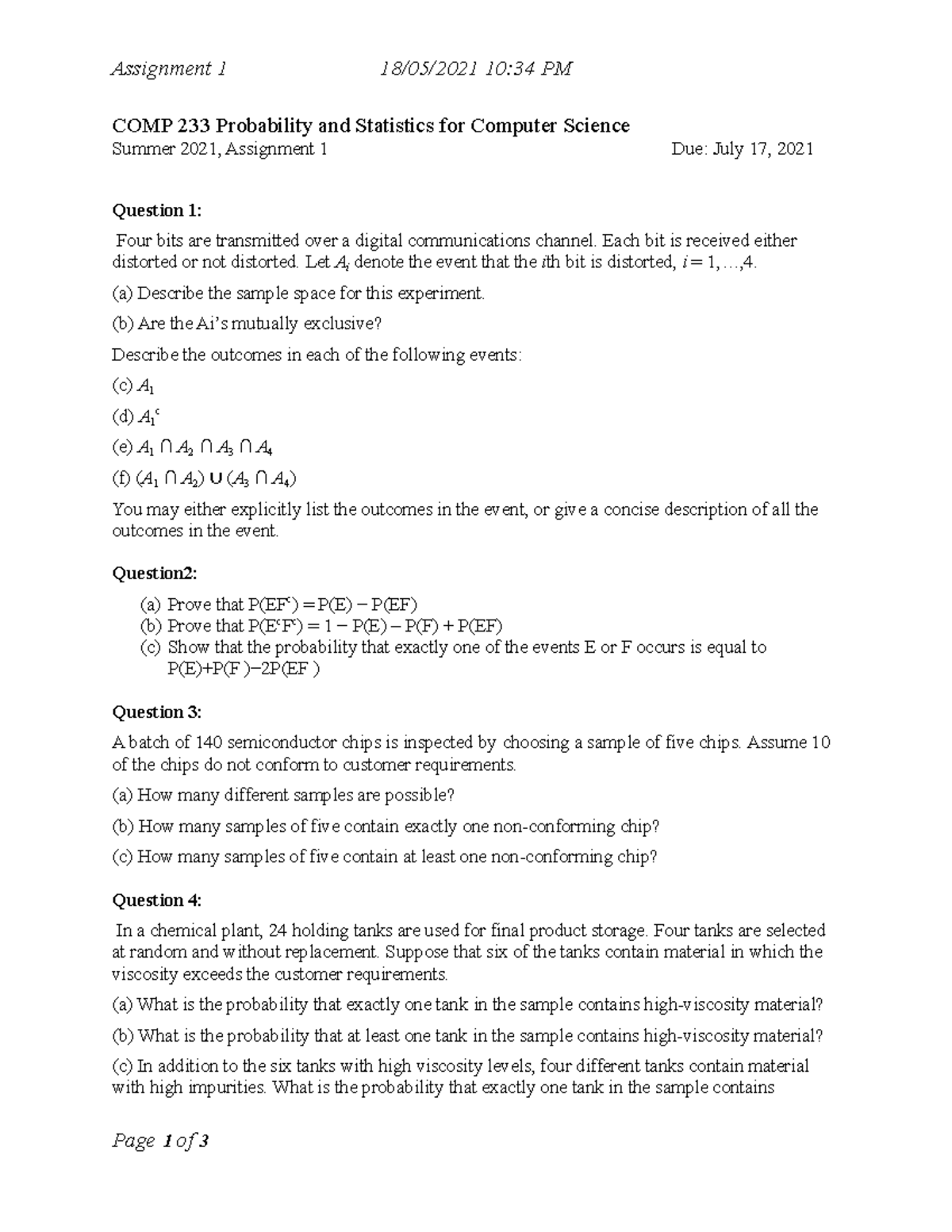 COMP233 S21 Assignment 1 - Assignment 1 18/05/2021 10:34 PM COMP 233 ...