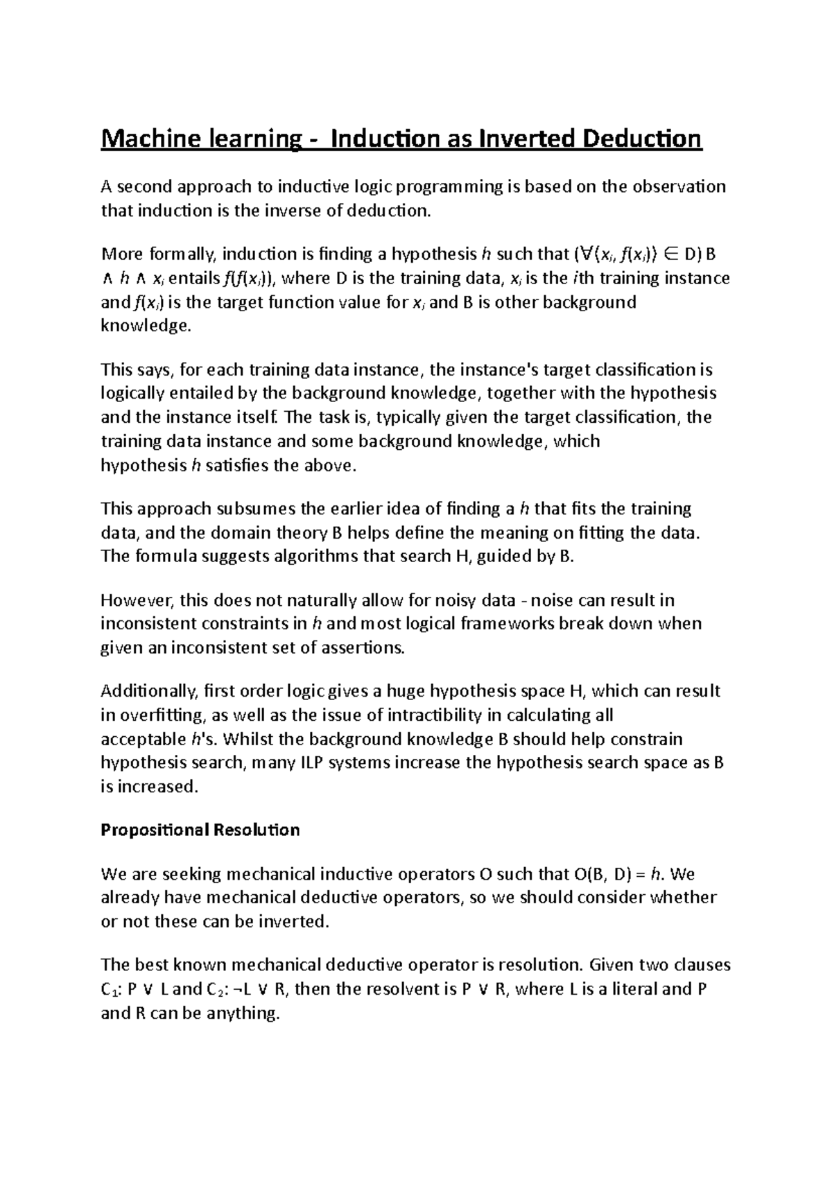 Machine learning - Induction as Inverted Deduction - More formally ...