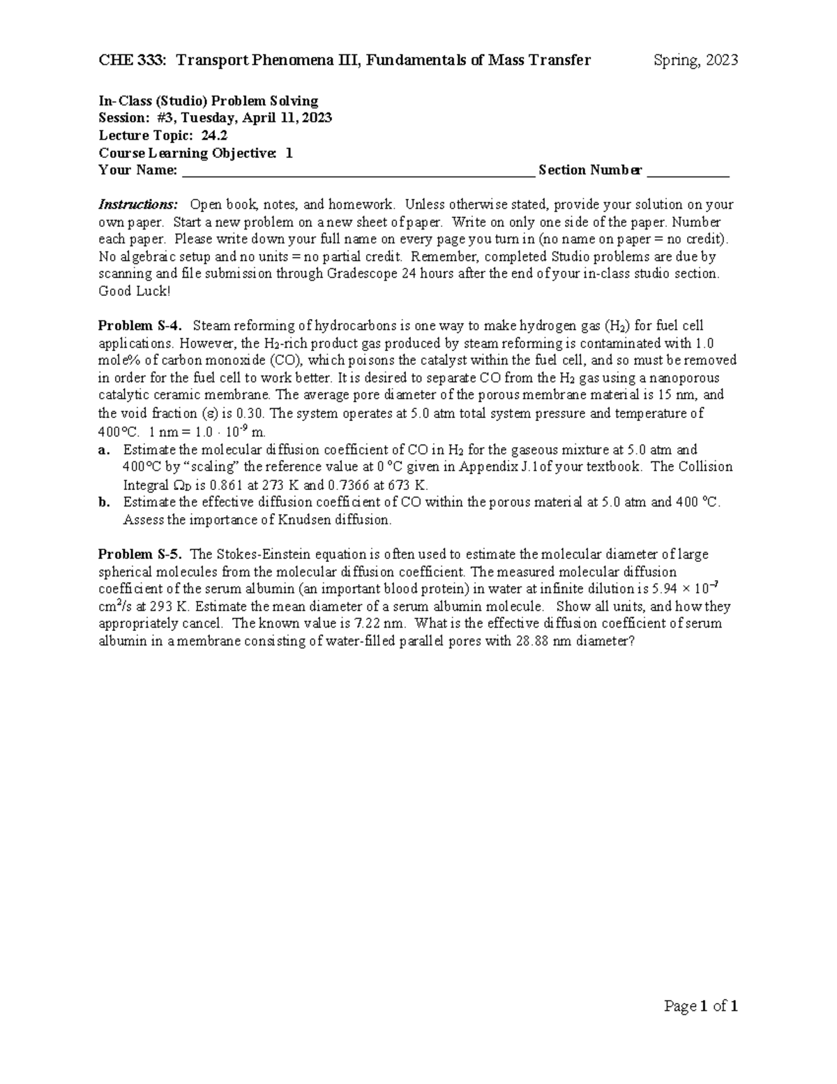 CHE 333 Studio #3 Problems 4-11-23 - CHE 333: Transport Phenomena III, Fundamentals of Mass ...