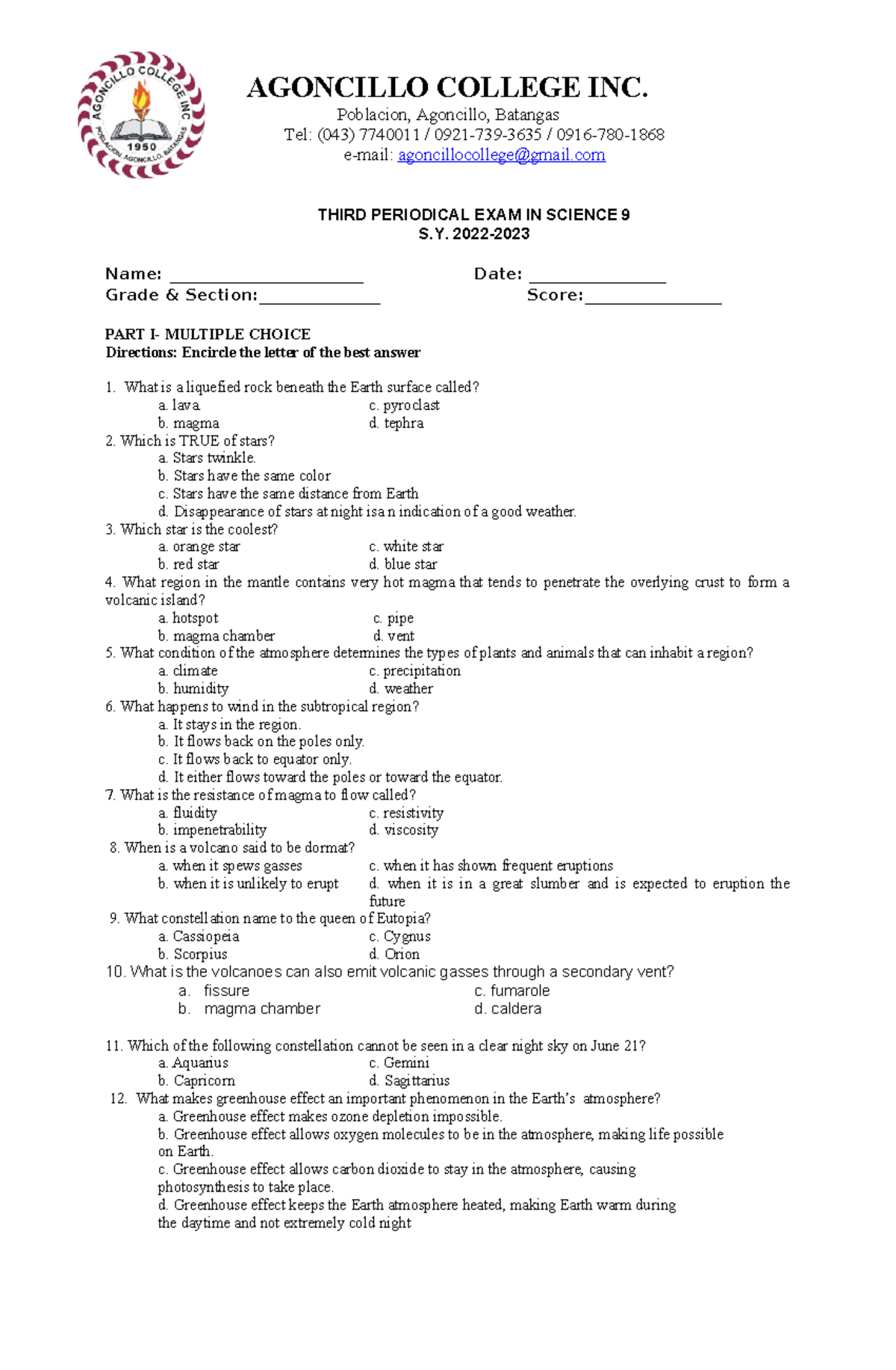 Third Periodical EXAM IN Science 9 - AGONCILLO COLLEGE INC. Poblacion ...
