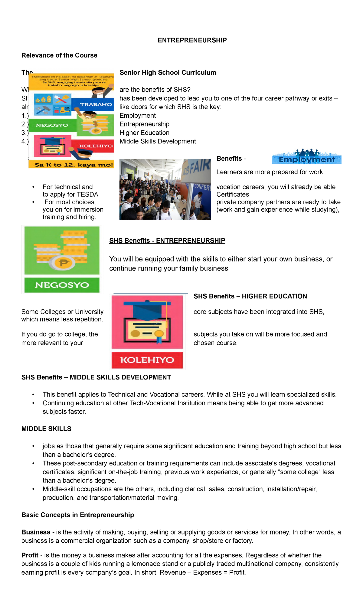 Entrepreneurship - ENTREPRENEURSHIP Relevance of the Course The Senior ...