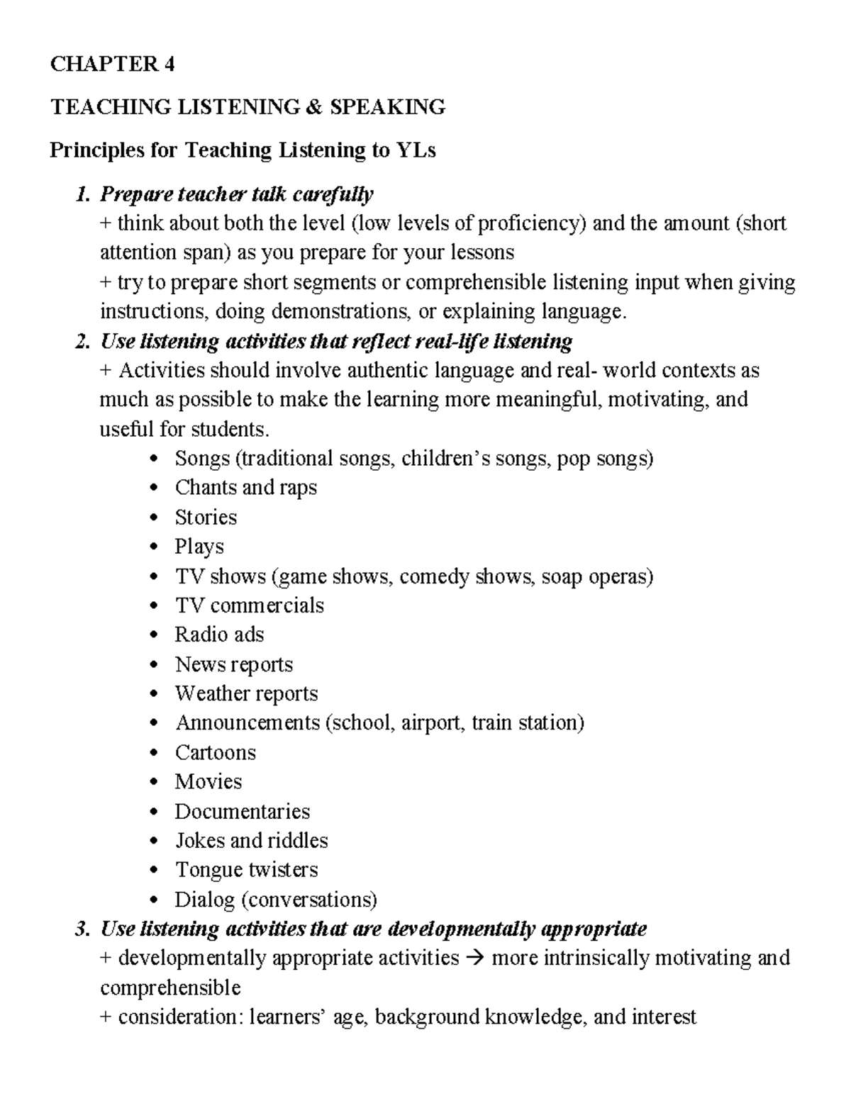 WEEK 2 - TEYL Chapter 4 - L S - CHAPTER 4 TEACHING LISTENING & SPEAKING ...