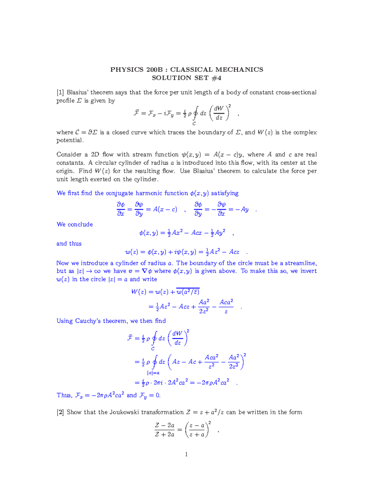 Blasius theorem - Consider a 2D flow with stream function ψ(x, y) = A(x − c)y, where A and c are ...