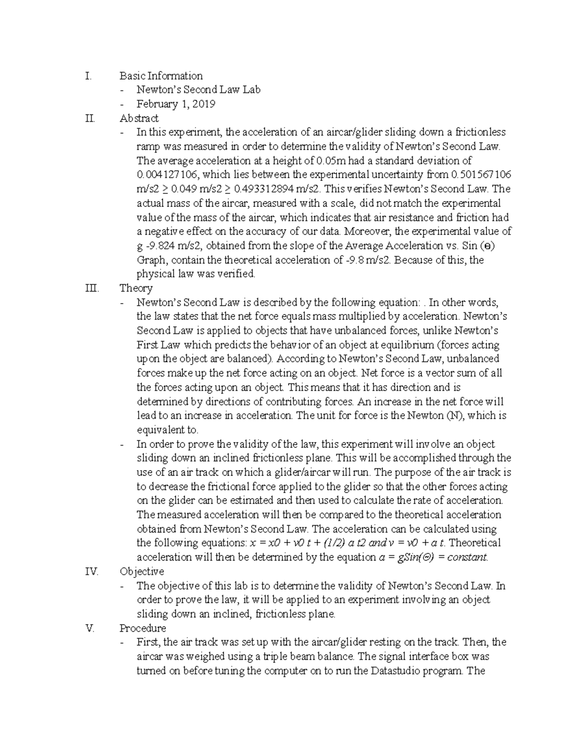 Newton's Second Law Lab Report - I. Basic Information - Newton’s Second ...