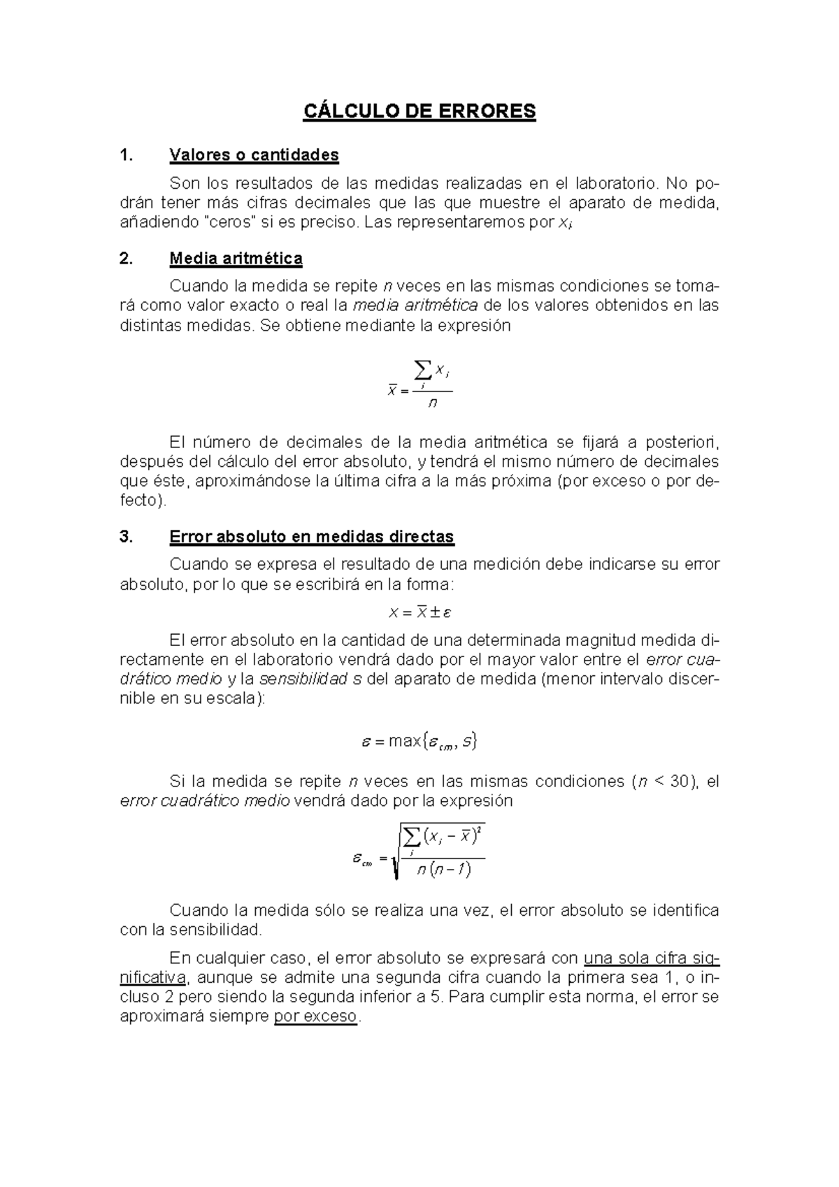 Calculo de errores Practica Laboratorio - CÁLCULO DE ERRORES 1. Valores ...