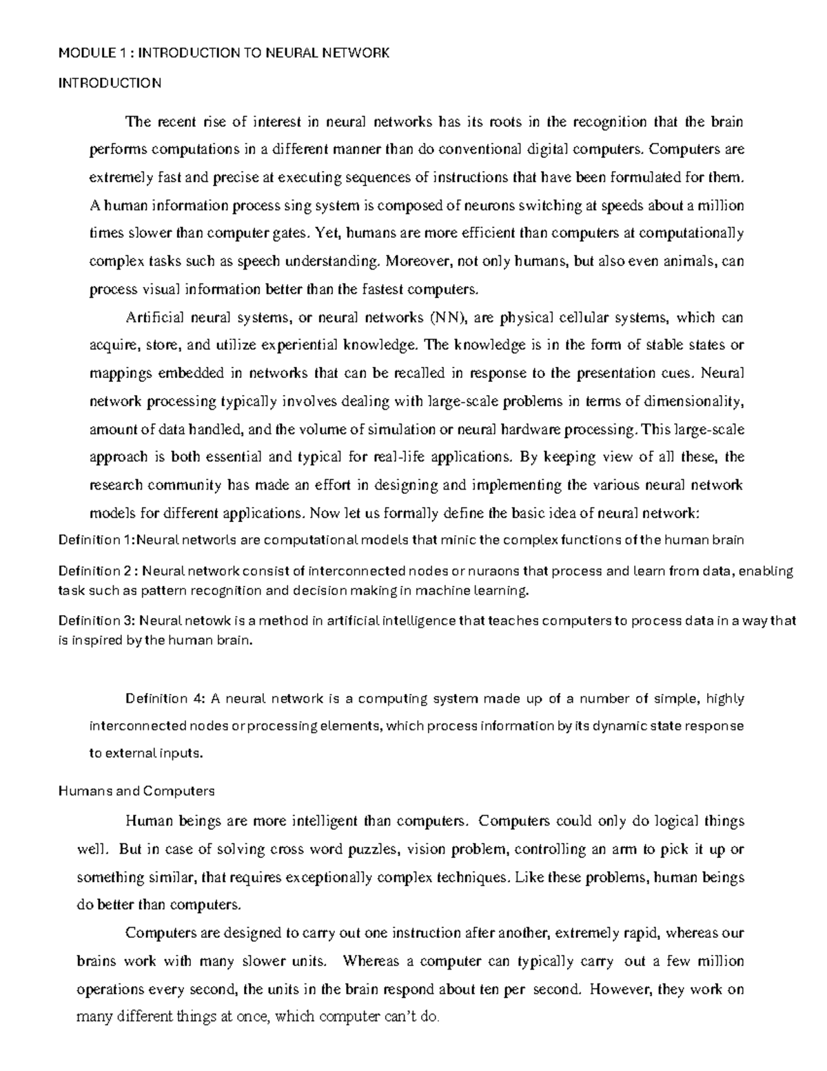 Module 1 - MODULE 1 : INTRODUCTION TO NEURAL NETWORK INTRODUCTION The ...