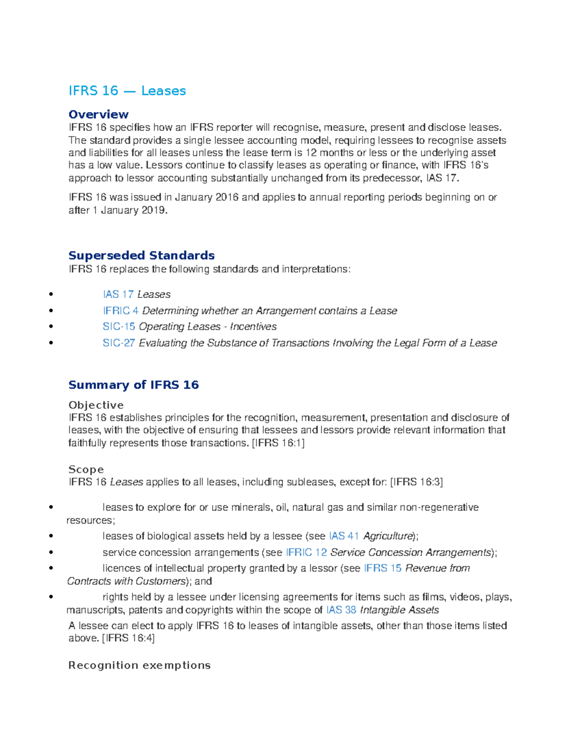 IFRS 16 Summary NEW Standard FOR Acc Ounting OF Leases BY Lessee IFRS