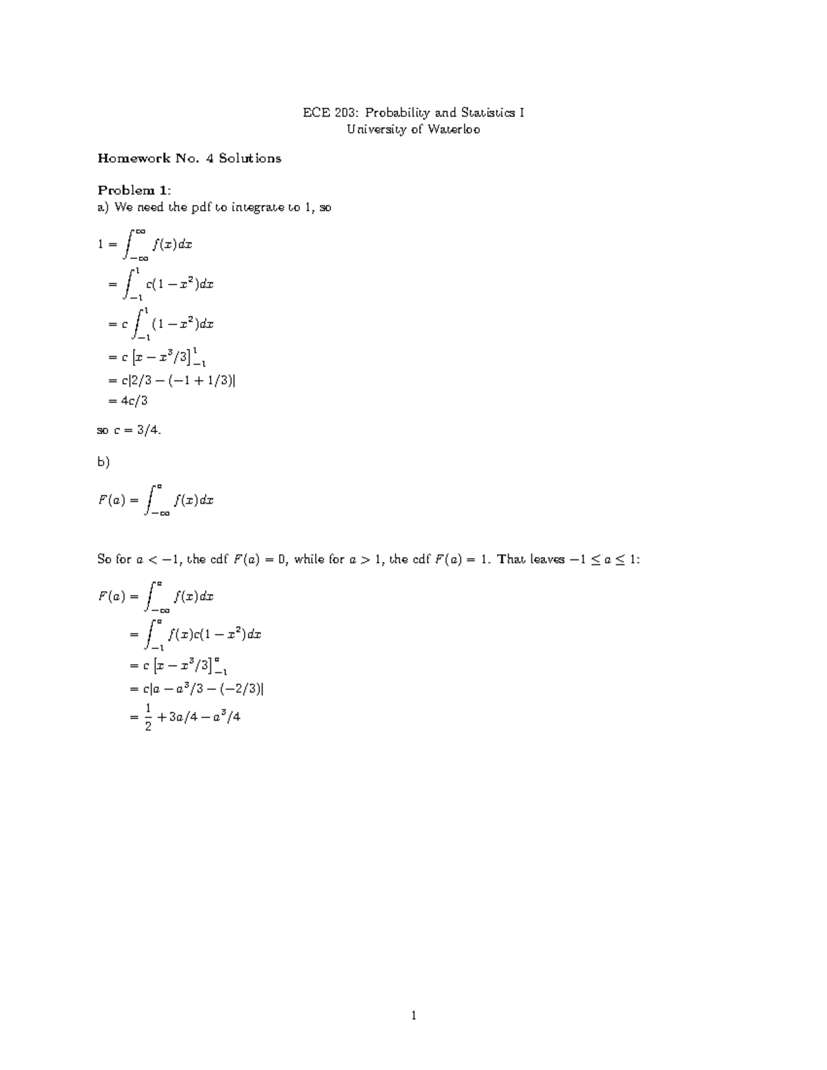 Homework 4 solution - ECE 203: Probability and Statistics I University of Waterloo Homework No ...