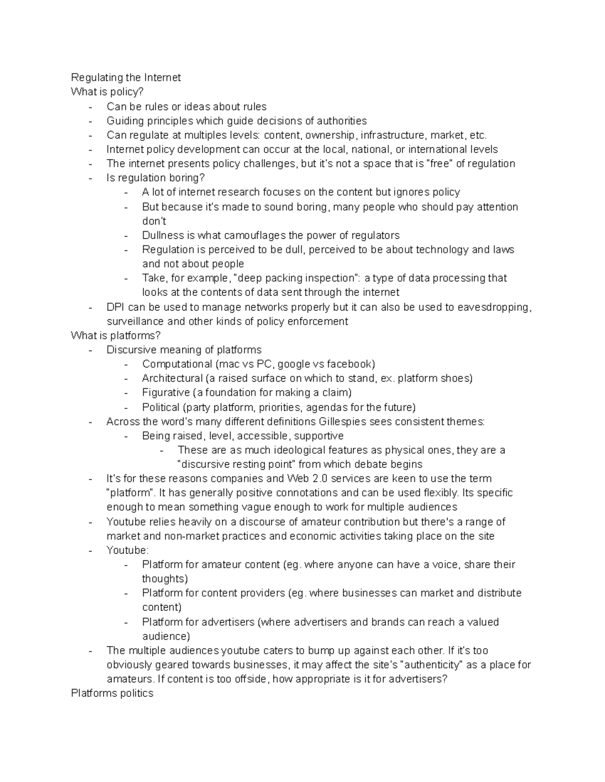 4 15 - Lecture notes 19 - Regulating the Internet What is policy? - Can ...
