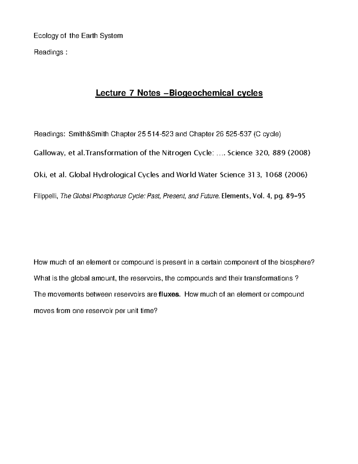 Biogeochemical Cycles - Ecology of the Earth System Readings : Lecture ...