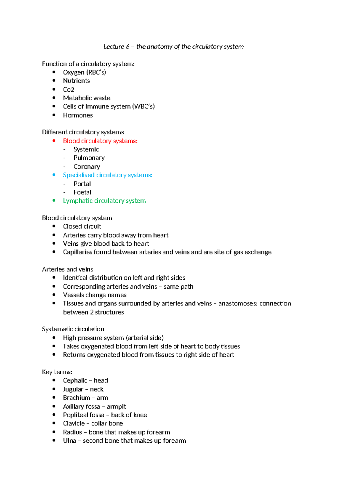 Lecture Topic 6 - Lecture 6 – the anatomy of the circulatory system ...