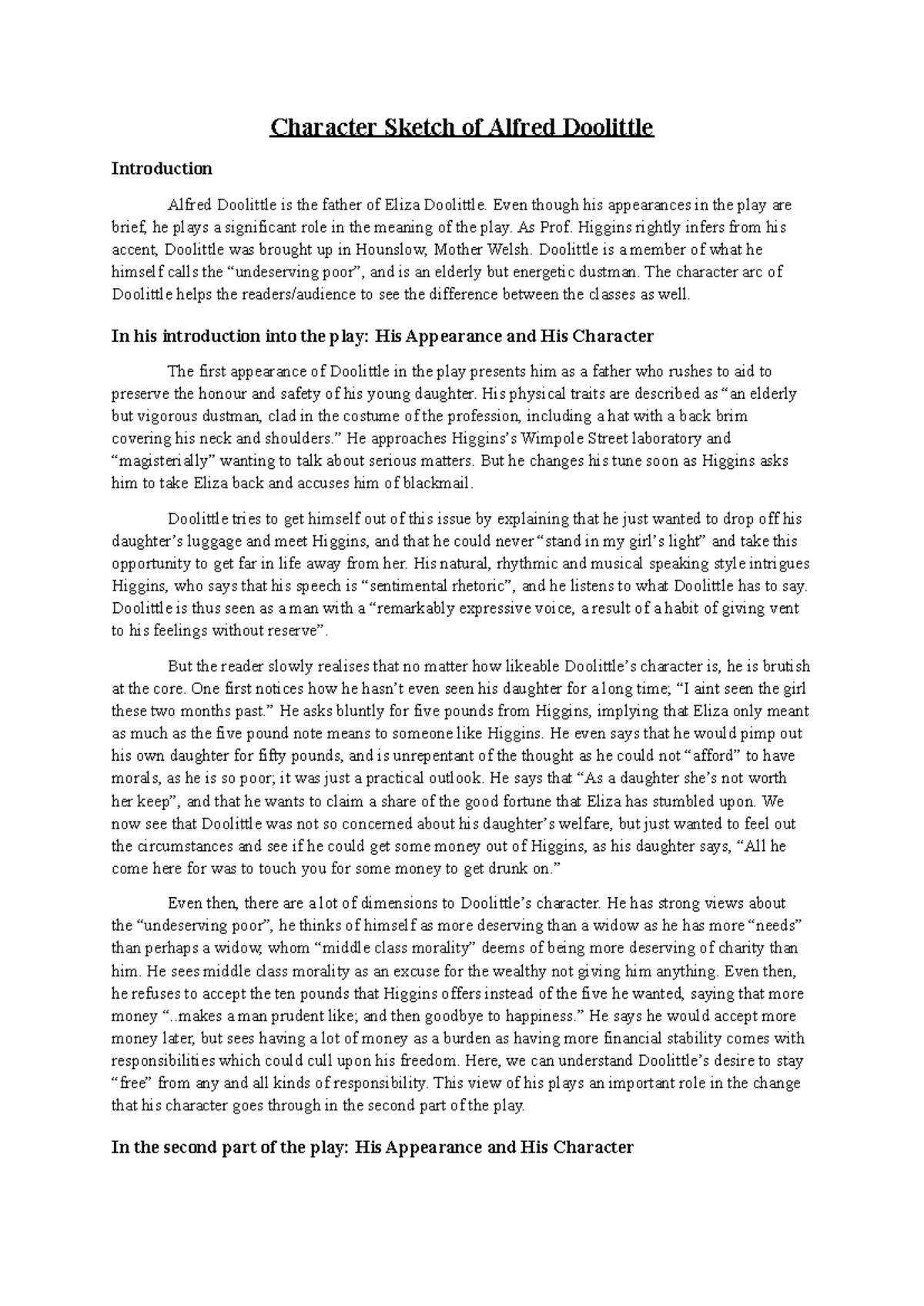 Character Sketch of Alfred Doolittle - Character Sketch of Alfred ...