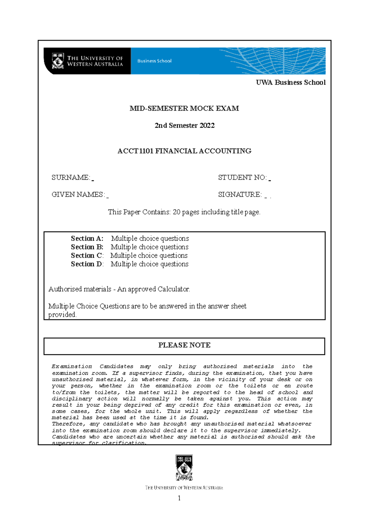 (2022) ACCT1101 Mid-Semester Mock Exam Questions - Semester 2 - UWA ...