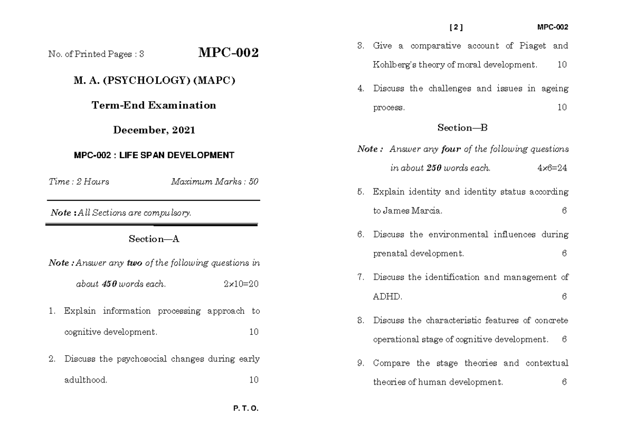 MPC-002 - past q papers - P. T. O. No. of Printed Pages : 3 MPC- M. A. (PSYCHOLOGY) (MAPC) Term ...