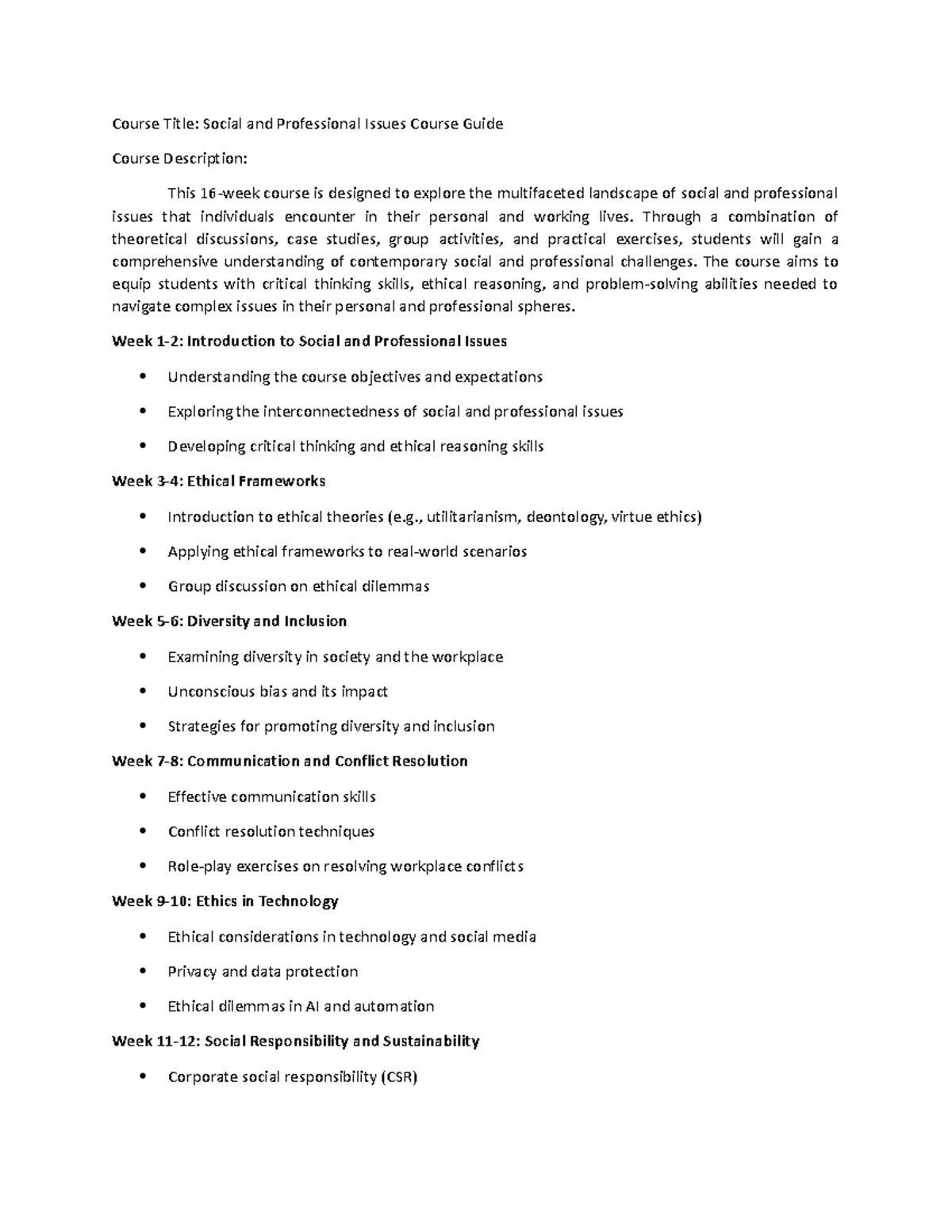 Course Syllabus social professional issues - Course Title: Social and ...