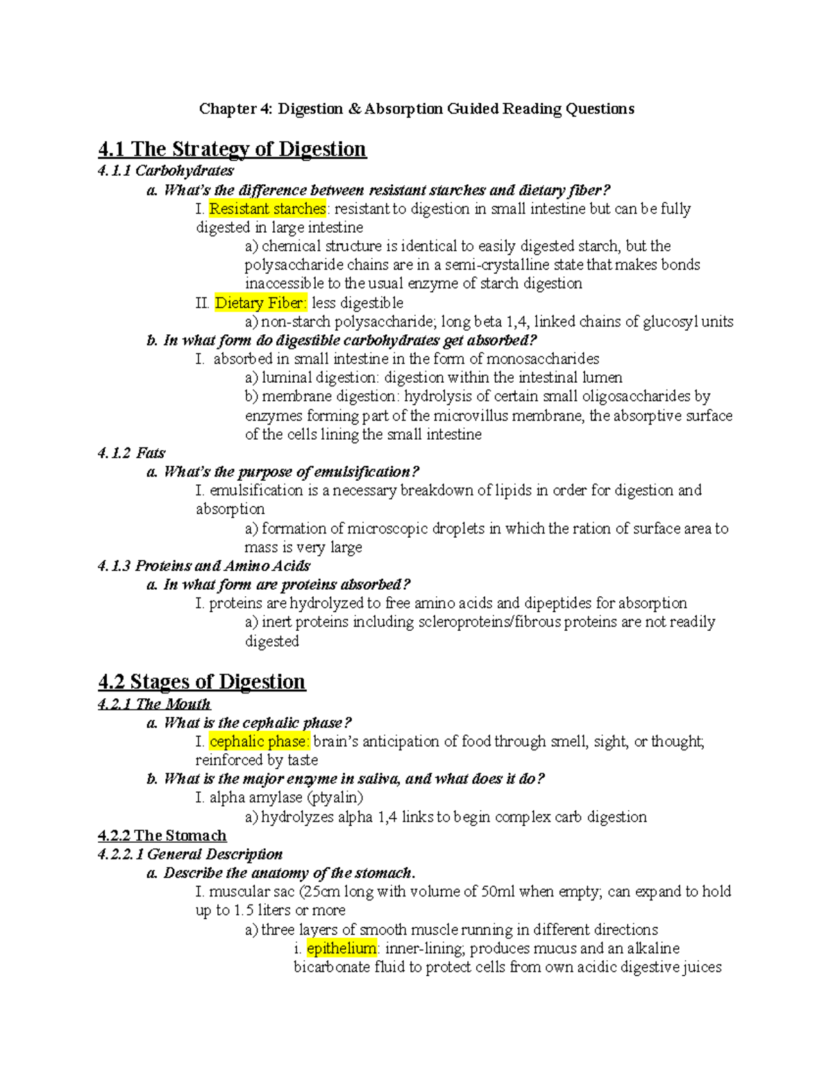 Digestion & Absorption Guided Reading Questions - Chapter 4: Digestion ...