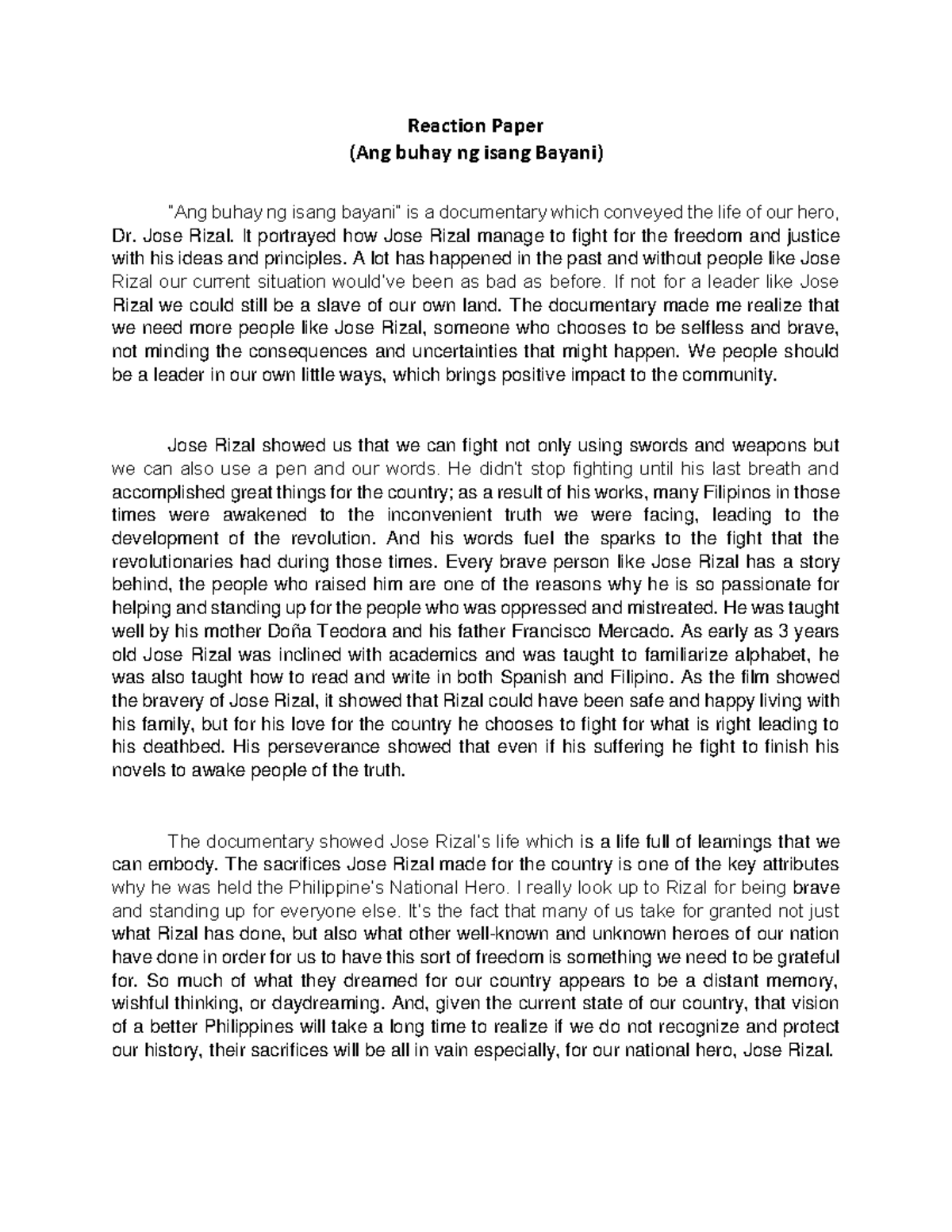 Reflection Paper- Rizal(buhay ng isang bayani) - Reaction Paper (Ang ...