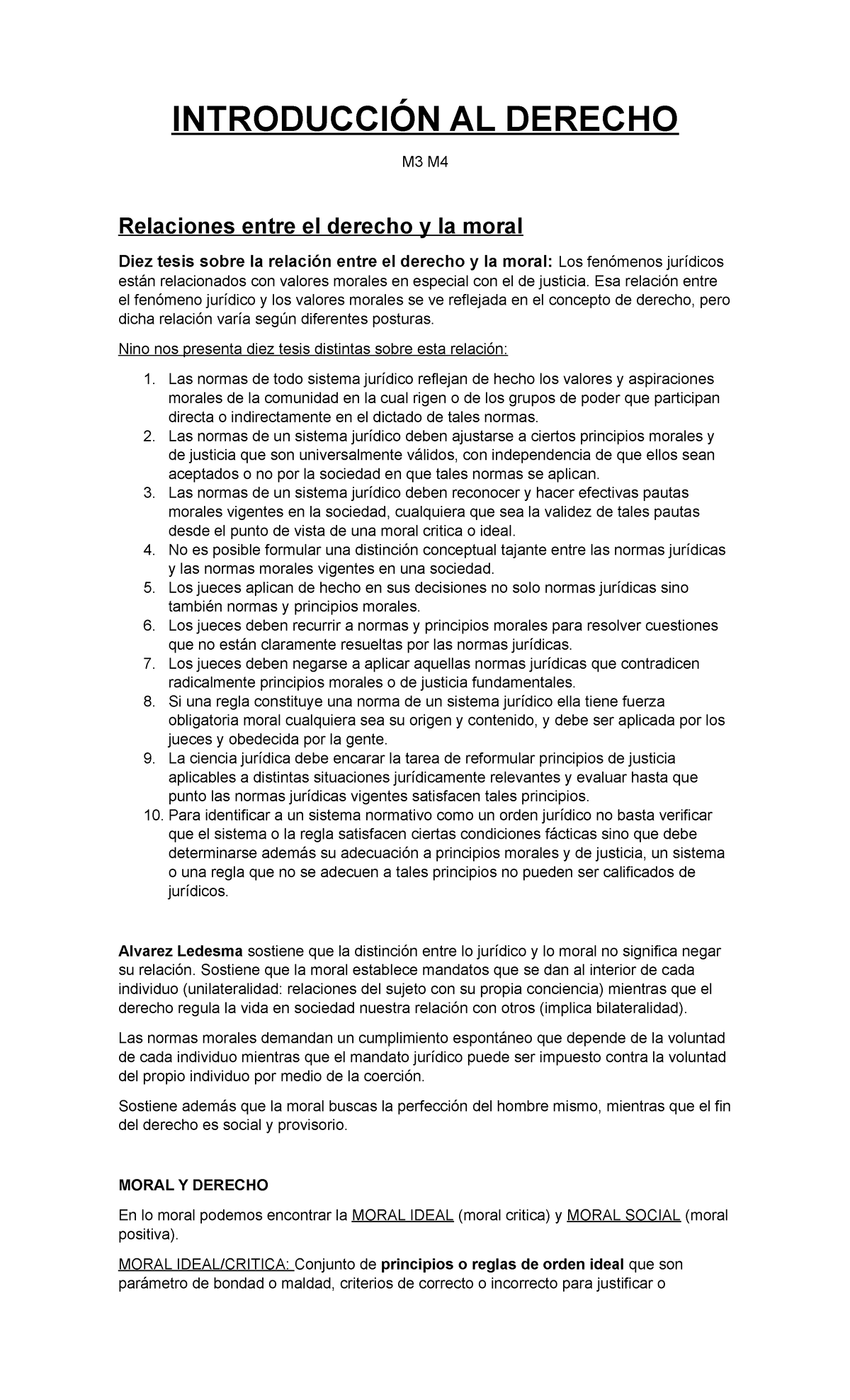 Introd Derecho M3 M4 - INTRODUCCIÓN AL DERECHO M3 M Relaciones entre el derecho y la moral Diez ...