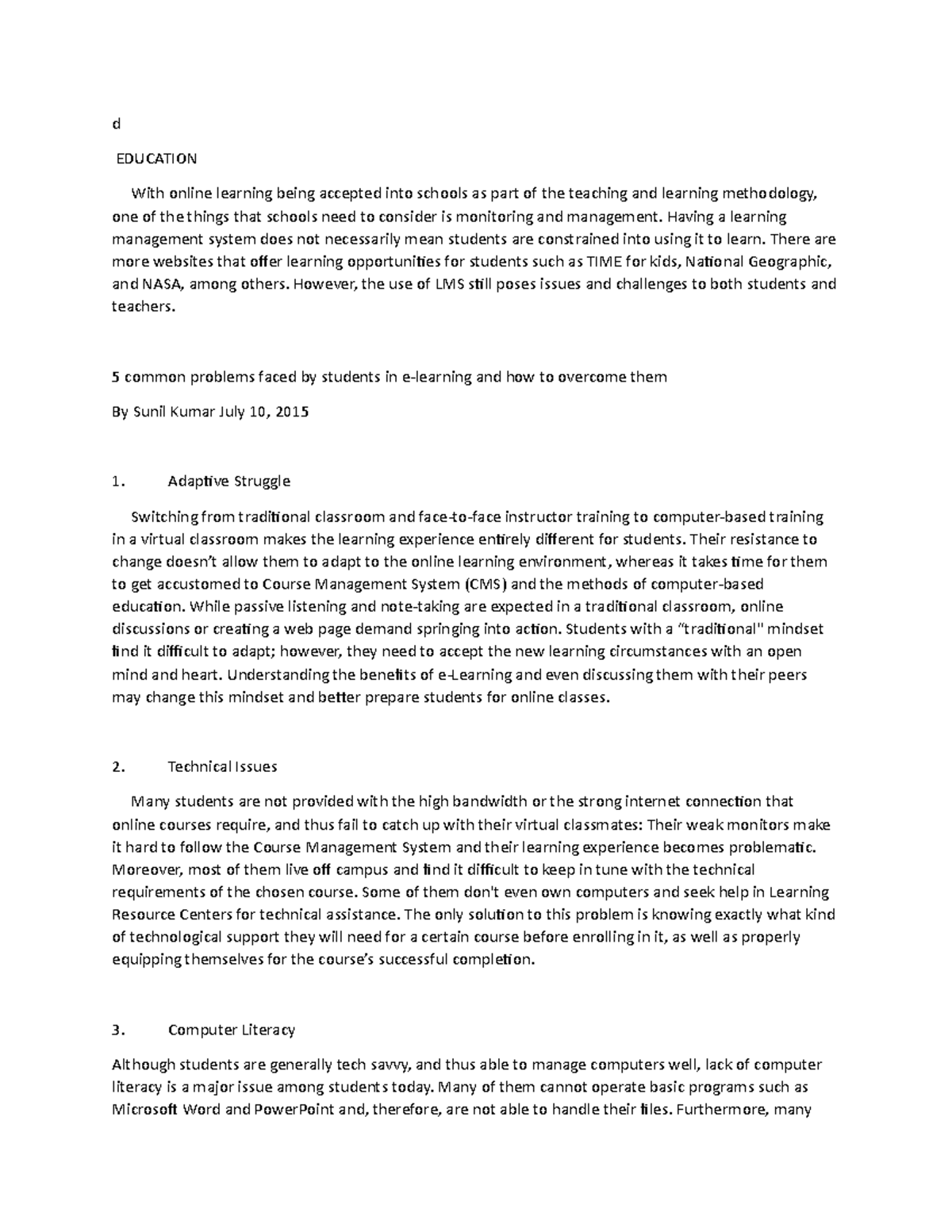 IT Report - Lecture notes 1-4 - d EDUCATION With online learning being ...