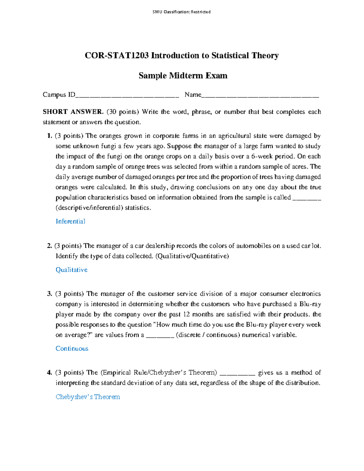 Sample Midterm Exam (with Ans) - COR-STAT1203 Introduction to Statistical Theory Sample Midterm ...