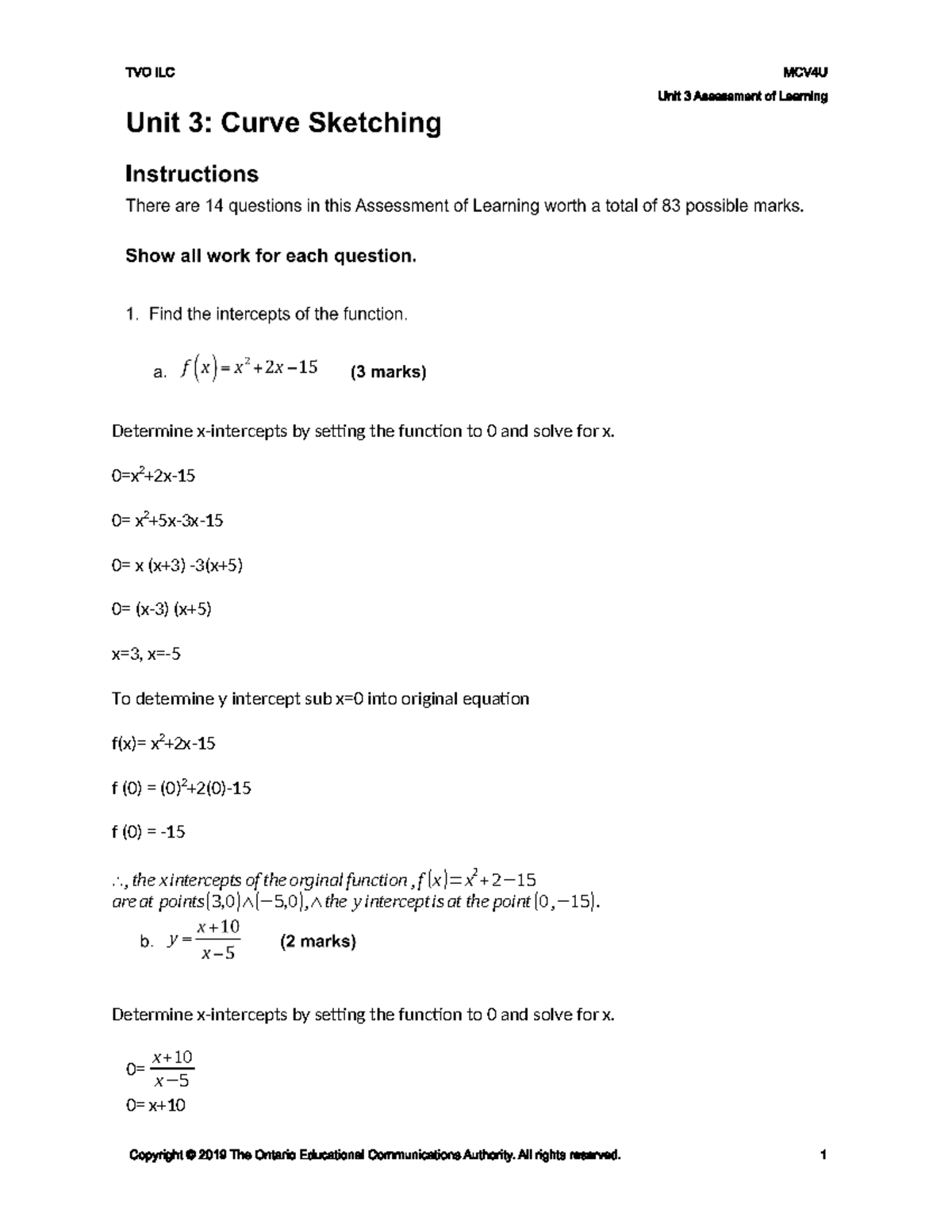 Assignment 3 ILC MCV4U 2023 Final - Determine x-intercepts by setting the function to 0 and ...