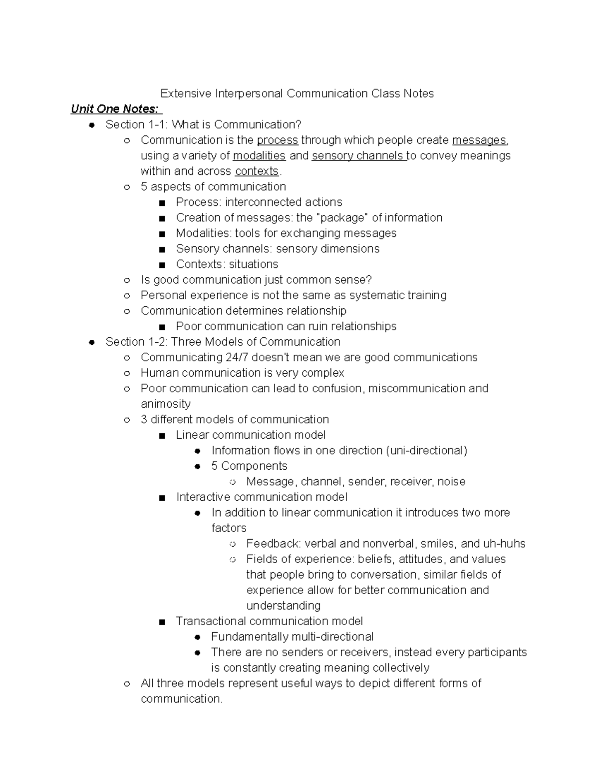 COMM1500 Class Notes - Extensive Interpersonal Communication Class ...