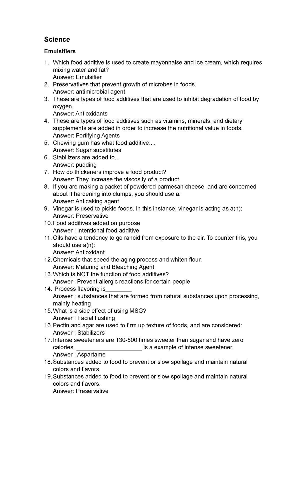 Science-jekjek - reviewer - Science Emulsifiers 1. Which food additive ...