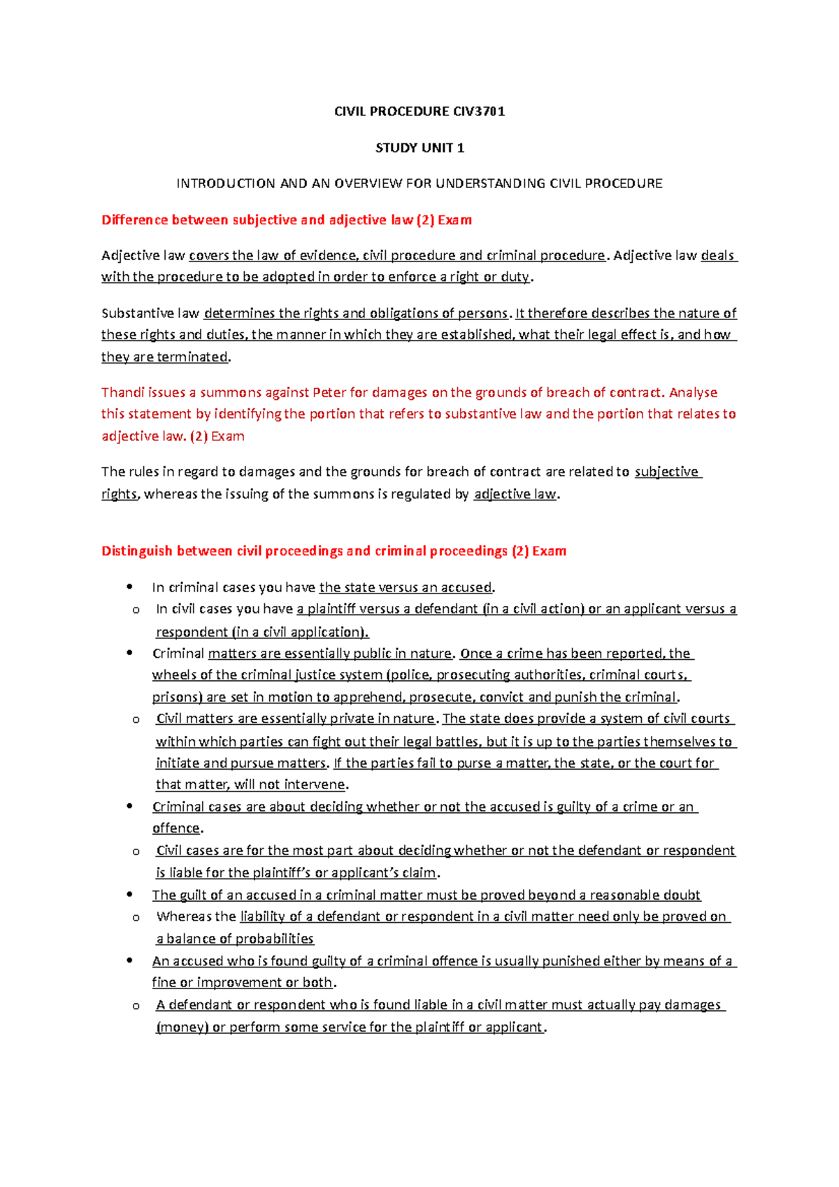 Notes Civil Procedure CIV3001 - CIVIL PROCEDURE CIV STUDY UNIT 1 ...
